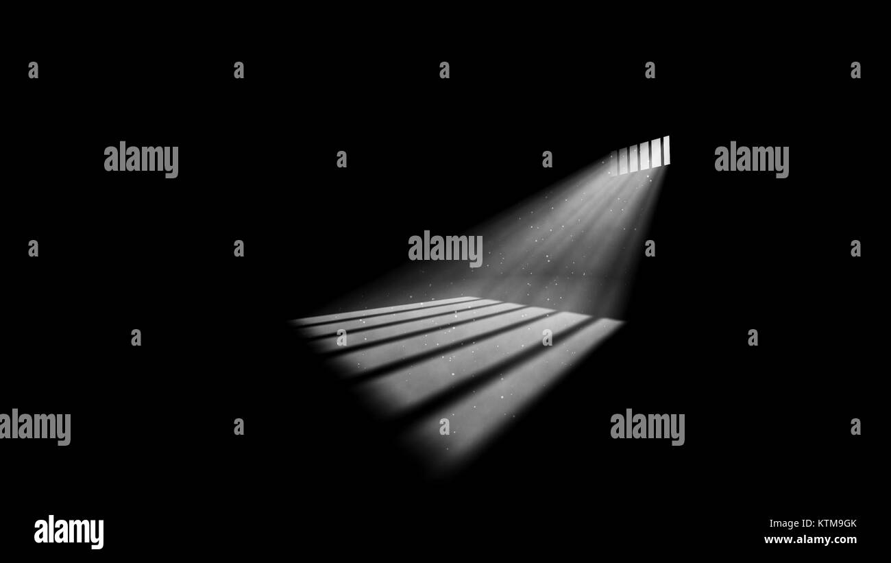 A striking 3d illustration of jail window light in a completely dark prison cell. The rays of ...