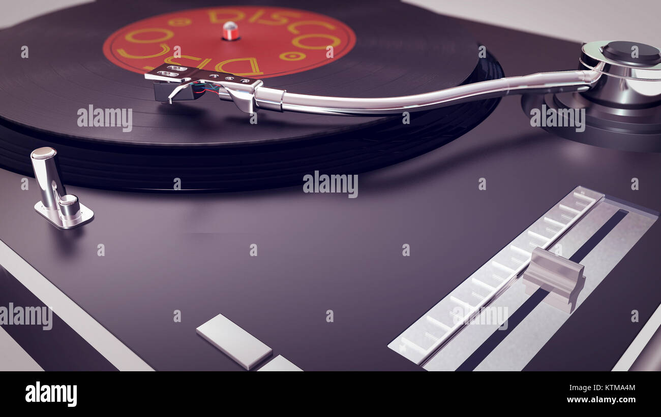A retro 3d rendering of a vinyl disc gramophone standing on a white ...