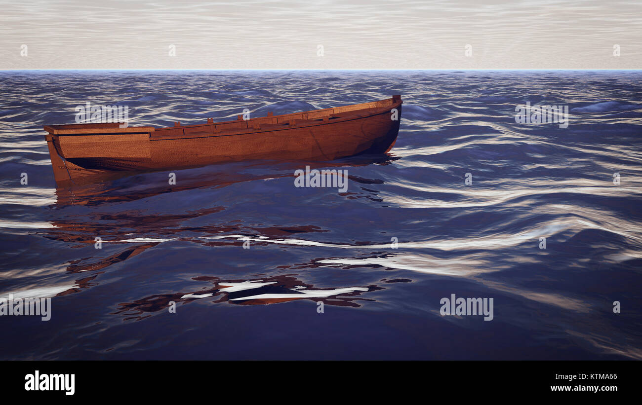 An artistic 3d illustration of an empty wooden boat in a stormy sea ...