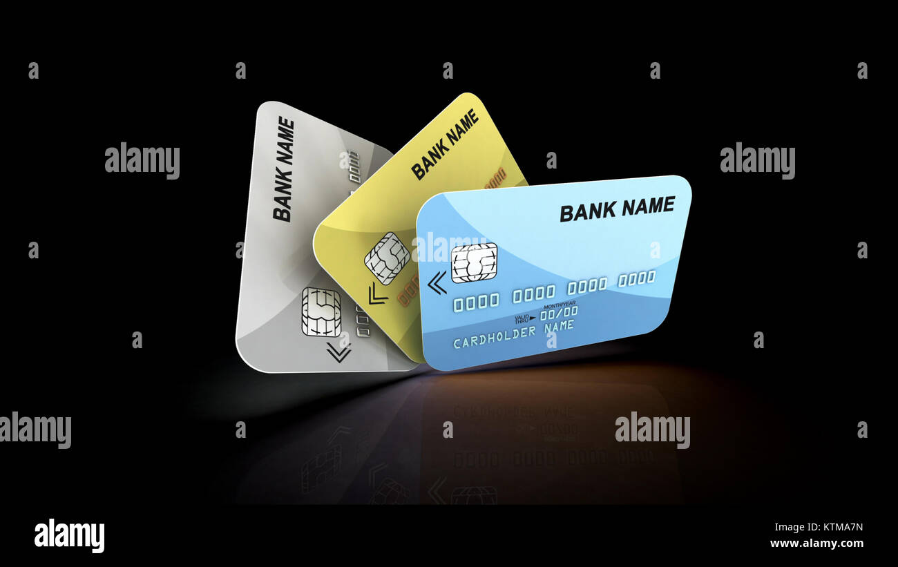 A backing 3d illustration of three credit cards of golden, blue, and ...