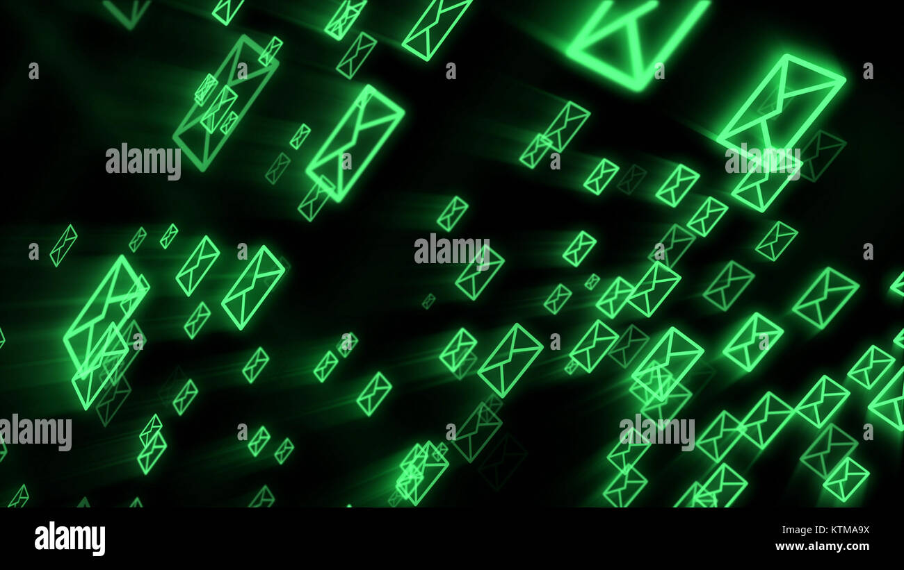A striking 3d illustration of fast moving electronic mail envelops ...