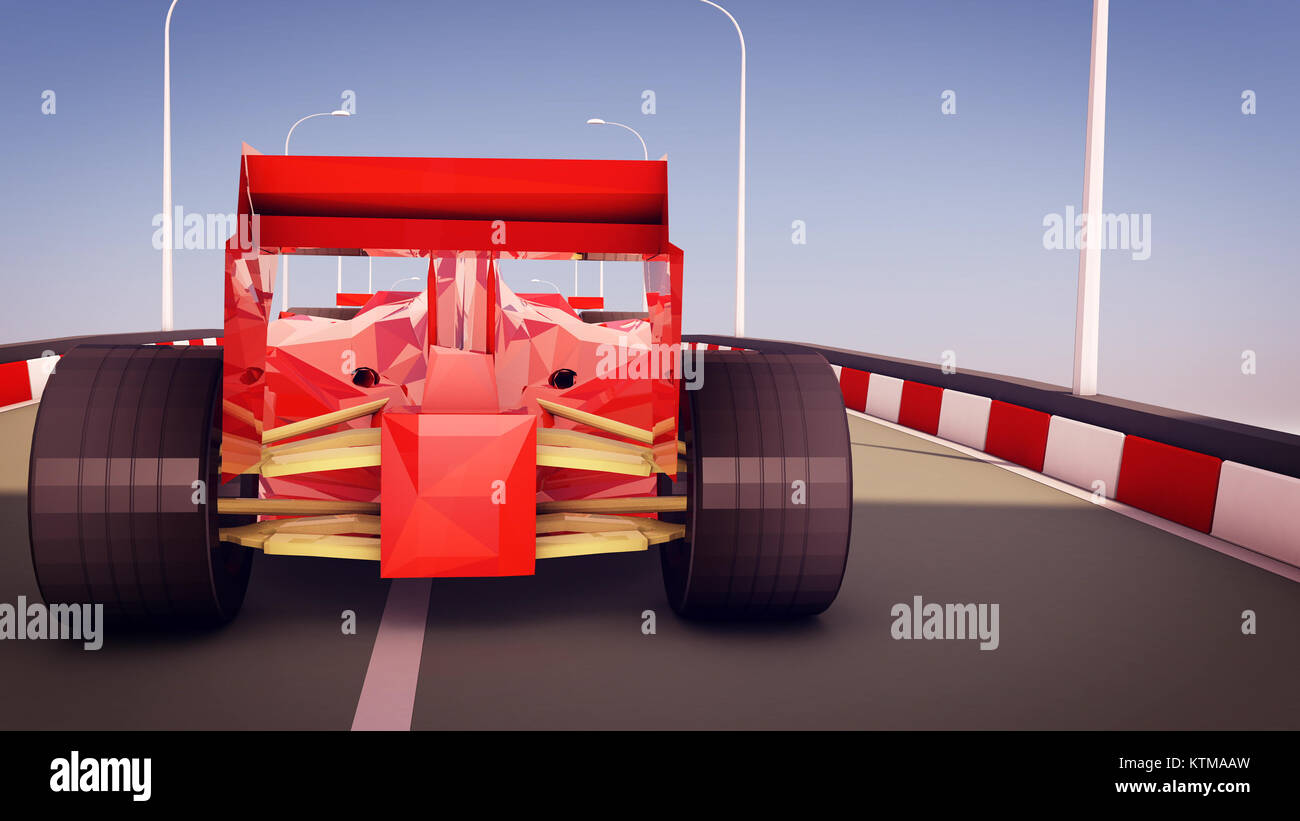 A high-tech 3d illustration of a red formula one shot from behind. It ...