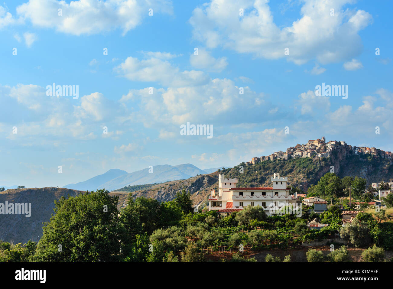 Calabria summer view with beautiful old village on mountain hill top ...