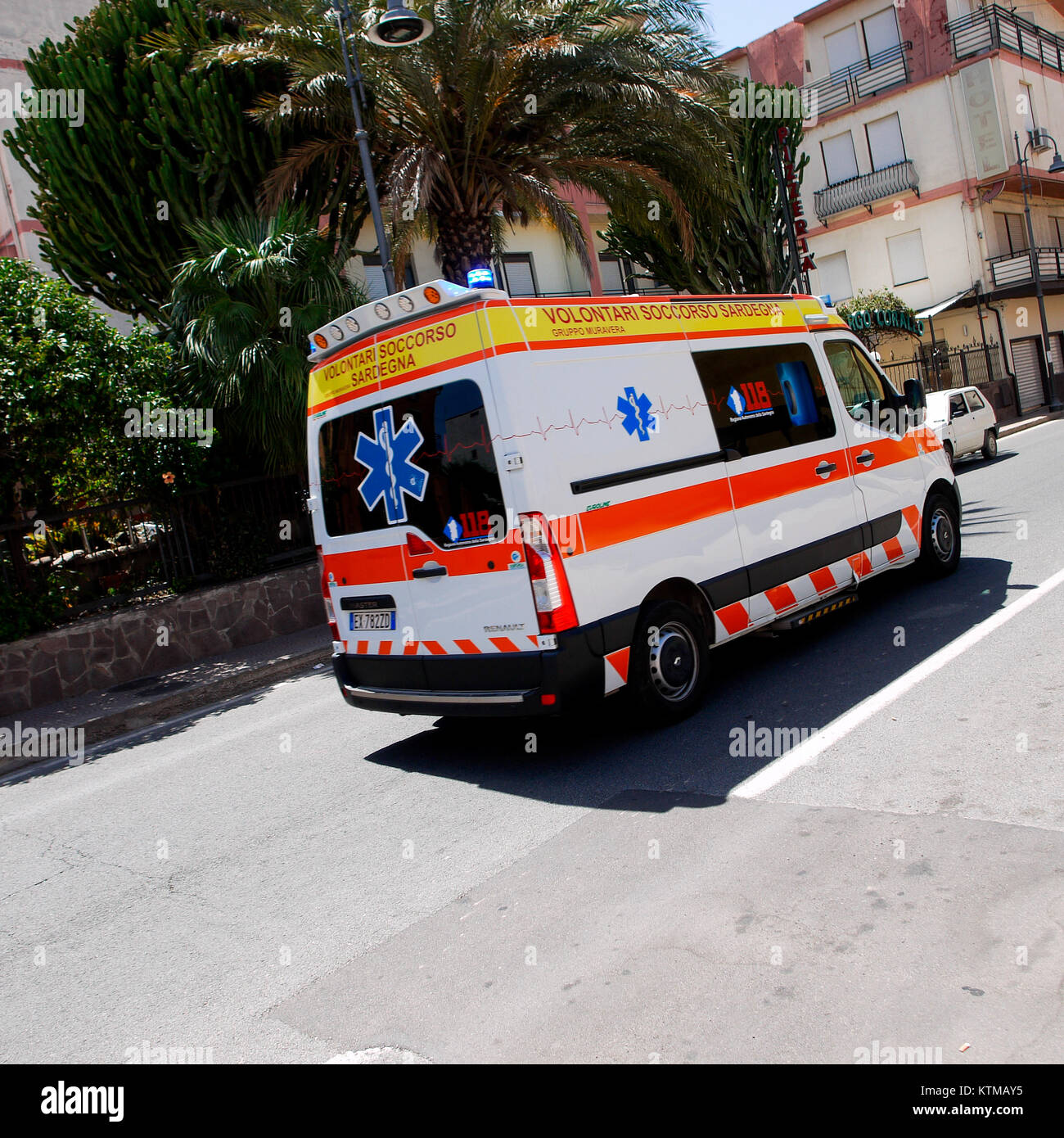 Emergency ambulance drives through Muravera, Sardinia, Italy Stock ...