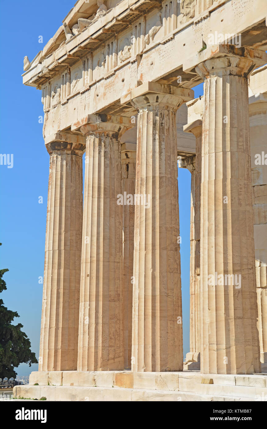 The South East corner of the Parthenon on the Athens Acropolis, Greece. featuring the massive ...