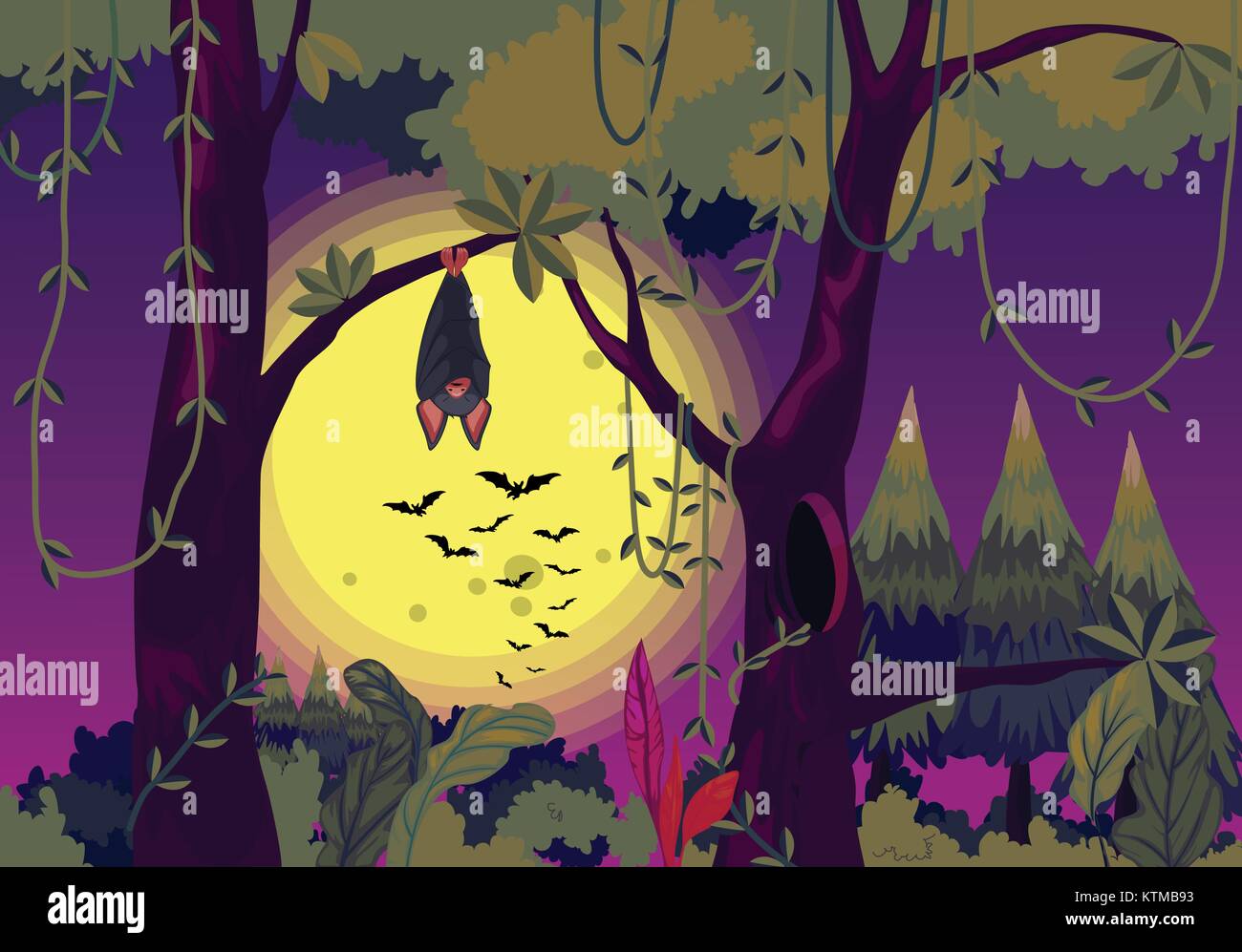 Illustration of a bat hanging at night Stock Vector Image & Art - Alamy