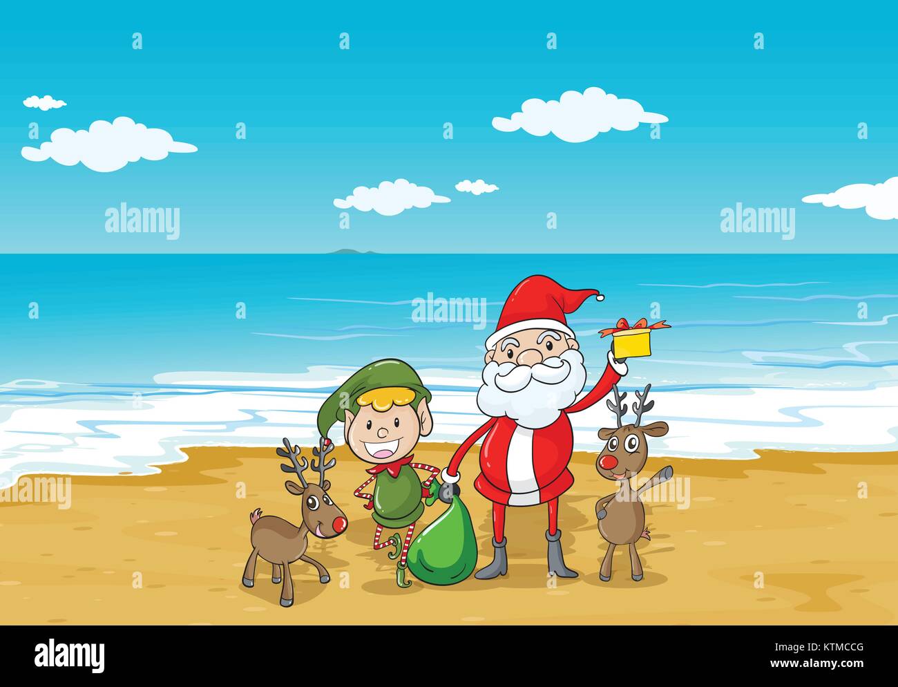 illustration of a boy, a santa claus and a sea in a beautiful nature ...