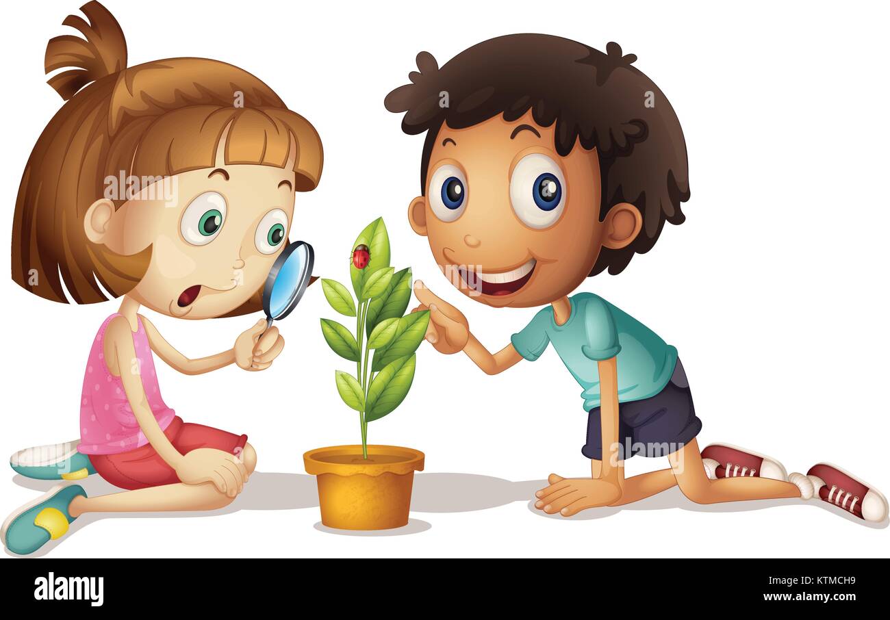 Illustration of a boy and girl studying a plant Stock Vector Image ...