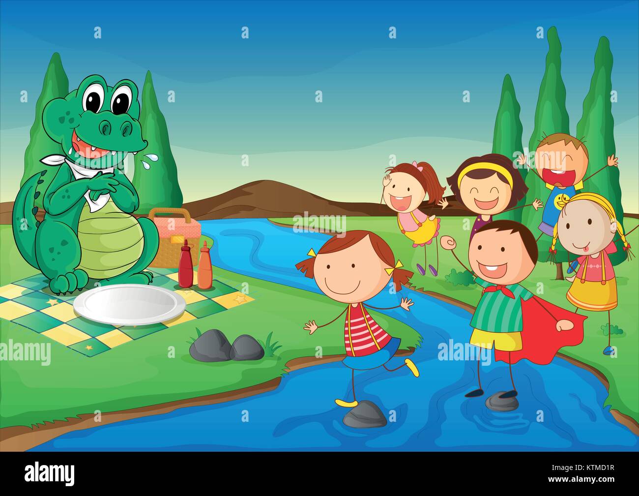 illustration of a river, a dinosaur and kids in a beautiful nature ...