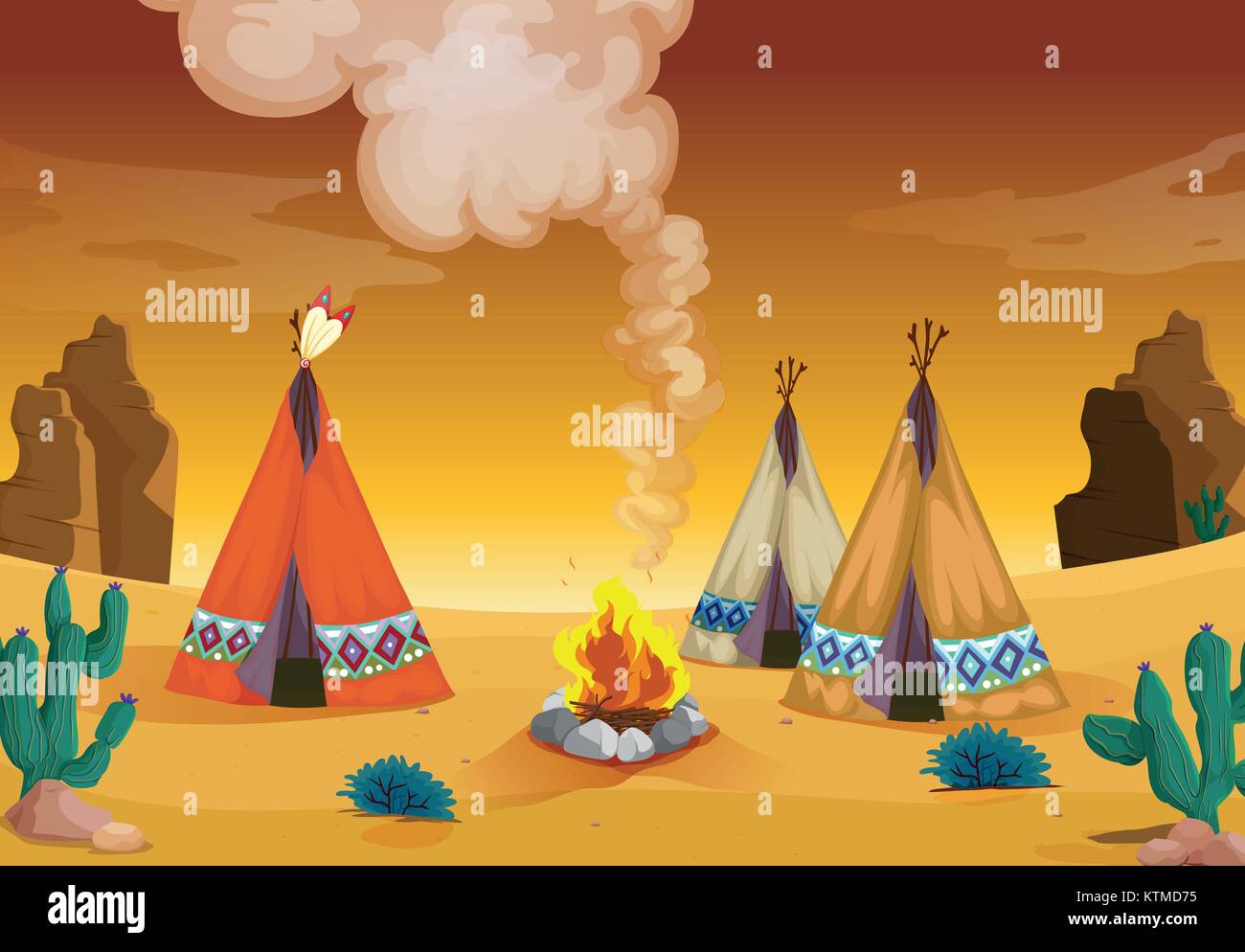 illustration of a tent house and fire in a desert Stock Vector Image ...