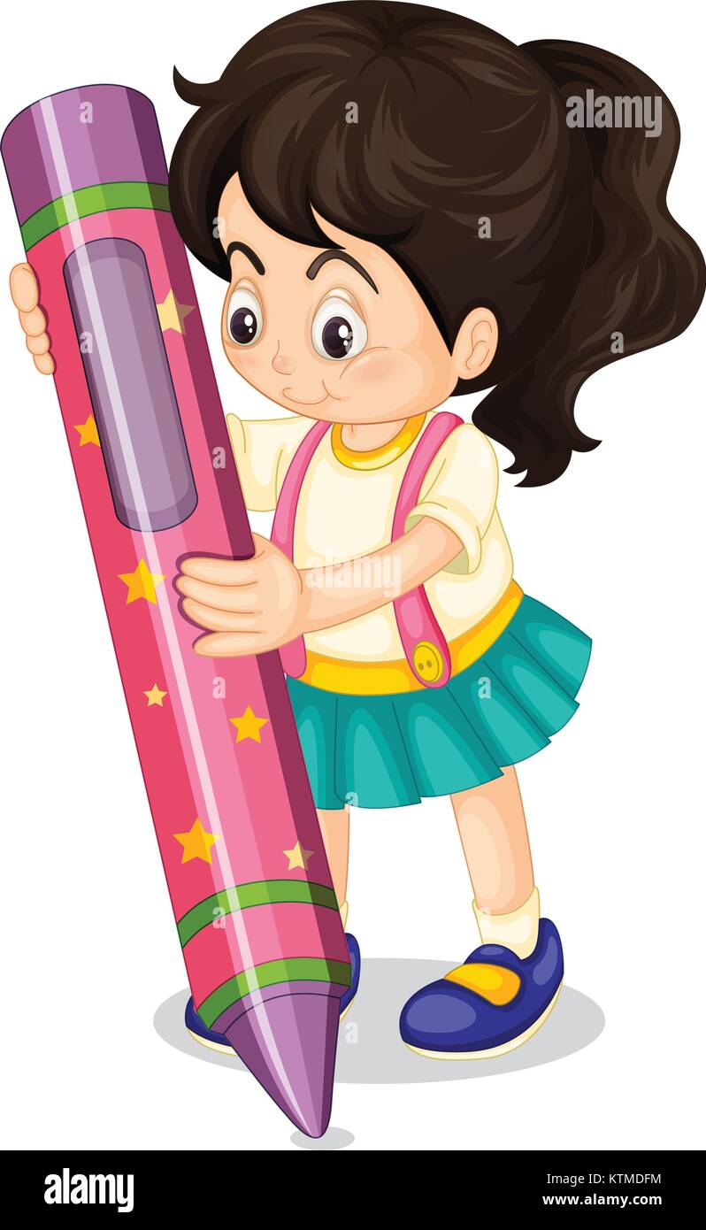 illustration of a girl with pencil on a white background Stock Vector ...