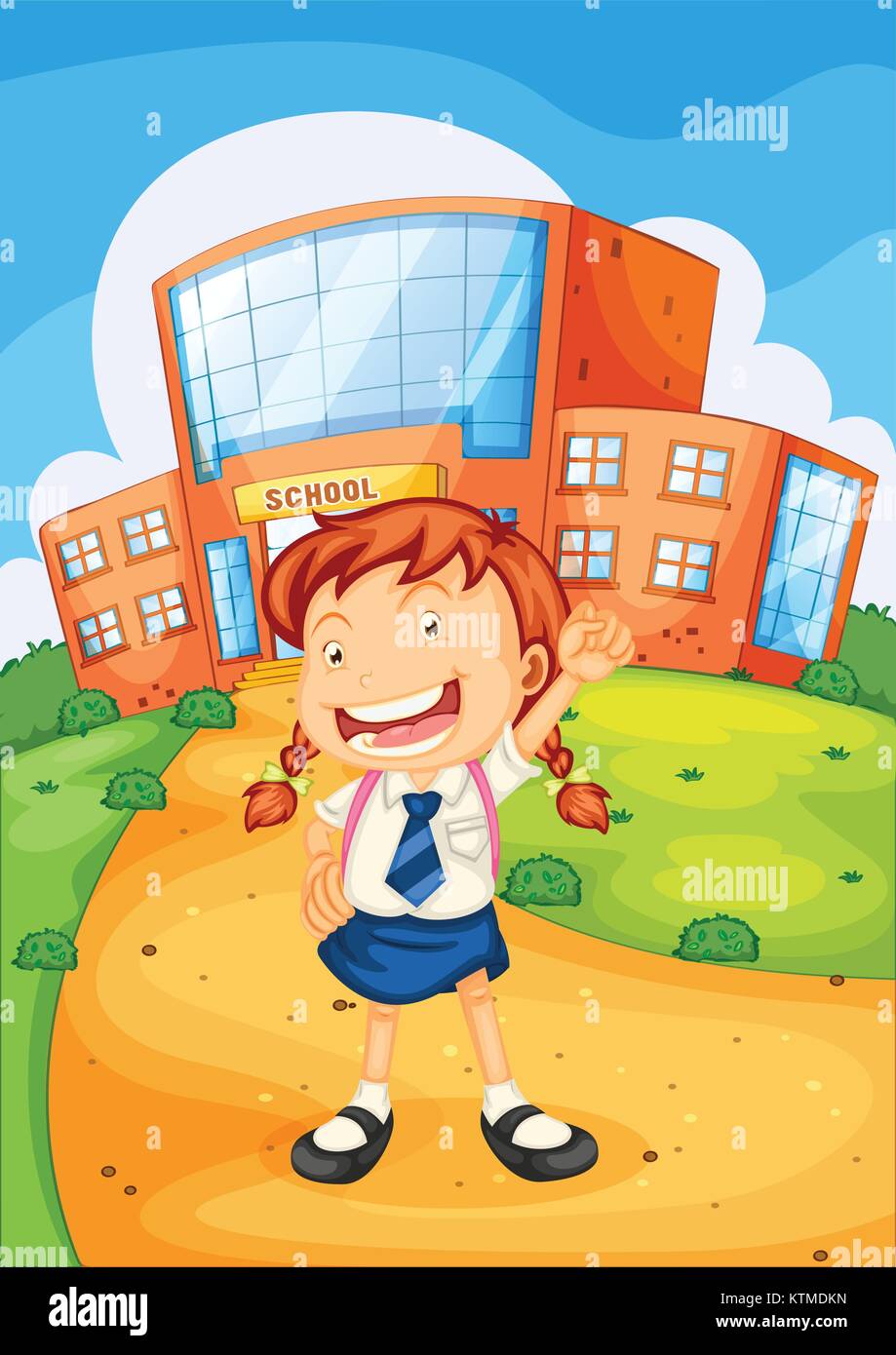 illustration of a girl in front of school Stock Vector Image & Art - Alamy