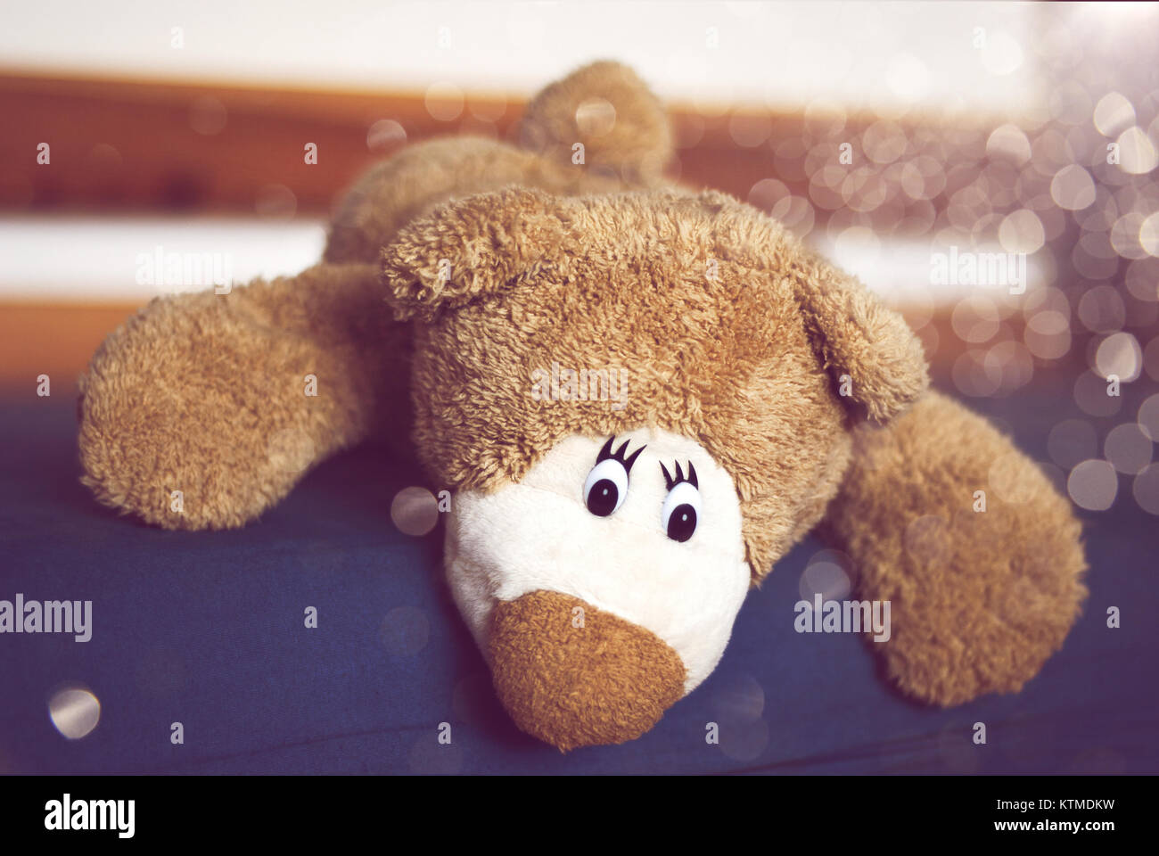Crazy Teddy bear lying on the bed. Kids toys Stock Photo - Alamy