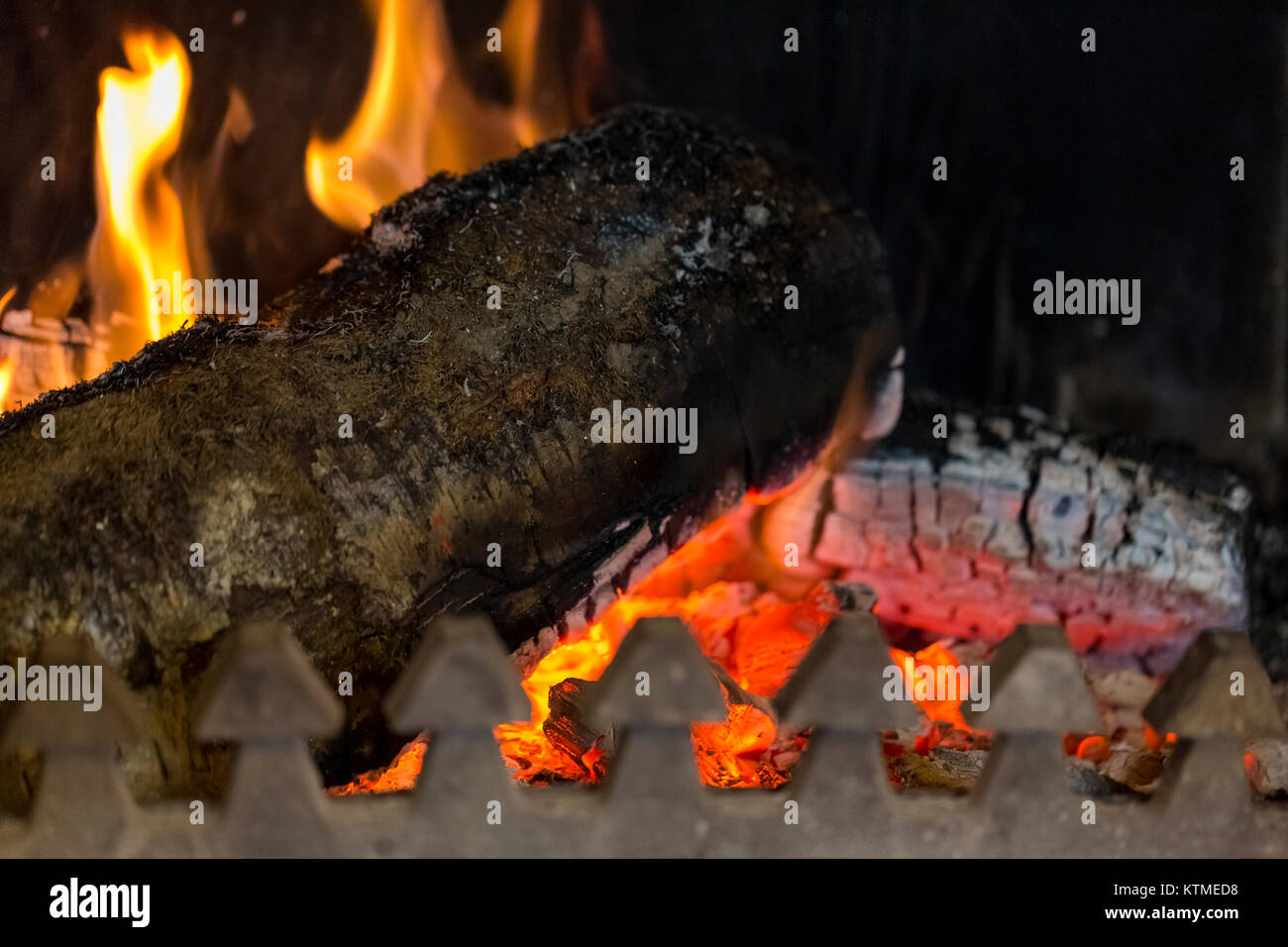 Fire fireplace ember wood home Embers closeup. Glowing embers in hot ...