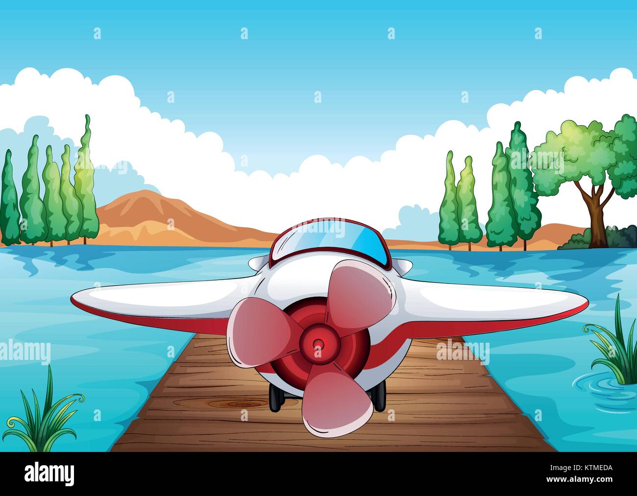 illustration of a jetty and an aeroplane in a beautiful nature Stock ...
