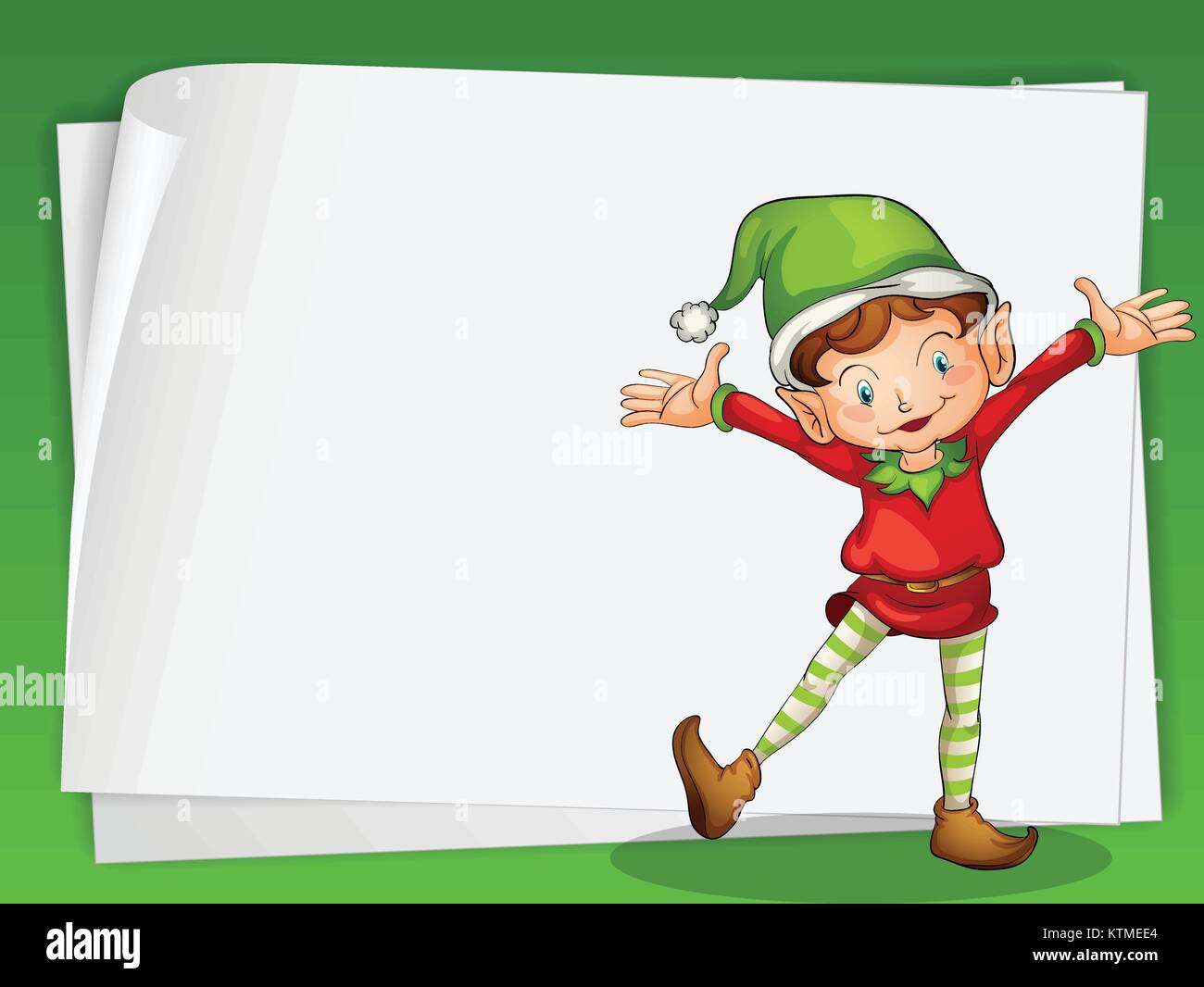 illustration of paper sheets and an elve on a green background Stock ...
