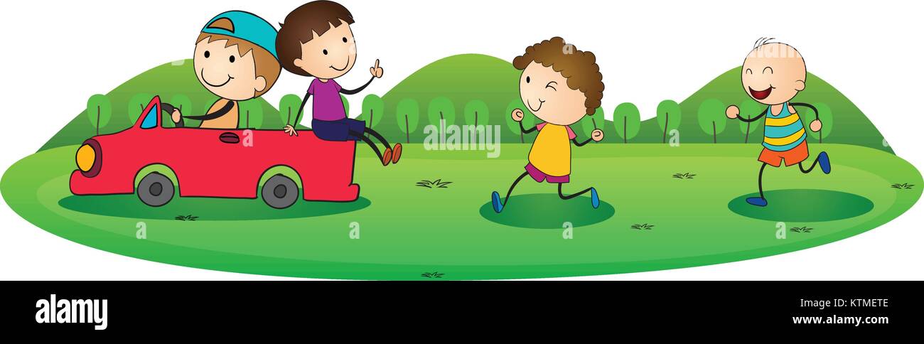 illustration of boys and car on a white background Stock Vector Image ...