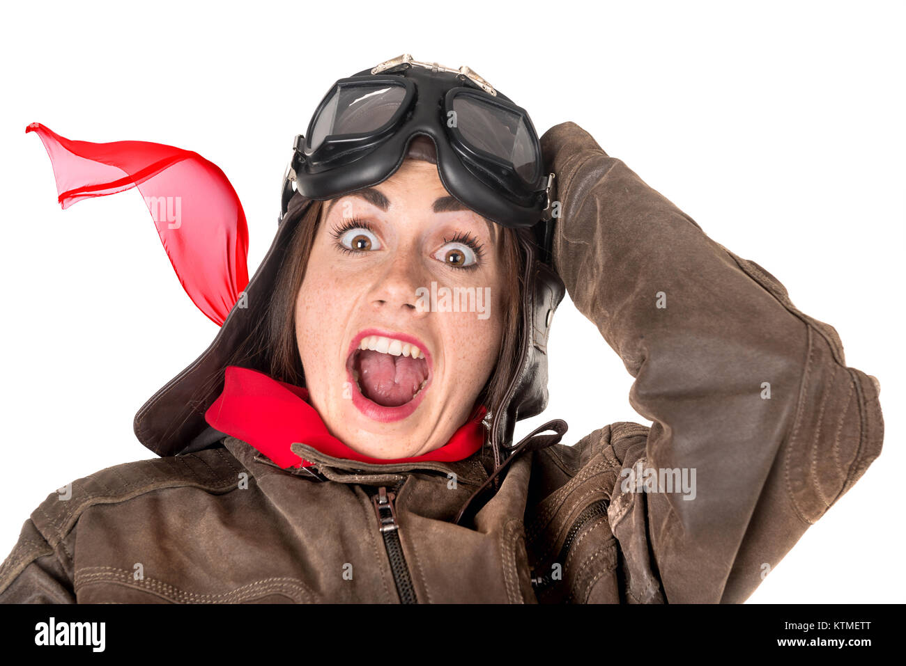 Funny girl with freckles wearing helmet, goggles and a red scarf Stock ...