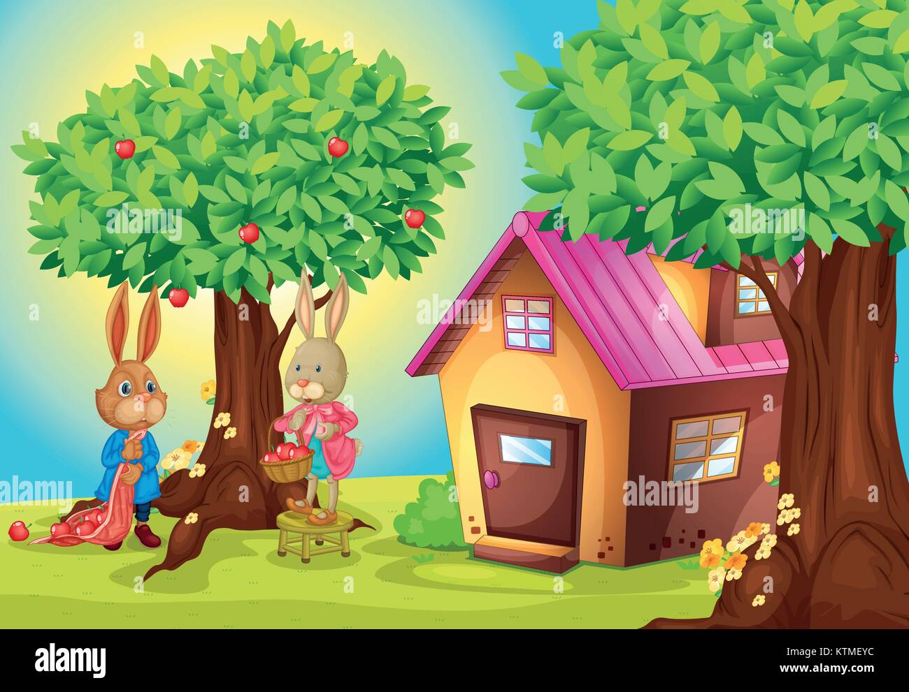 illustration of a rabbit and a house in a beautiful nature Stock Vector ...