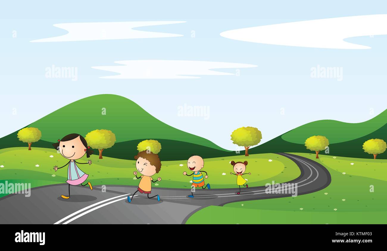 illustration of kids and road in a beautiful nature Stock Vector Image ...