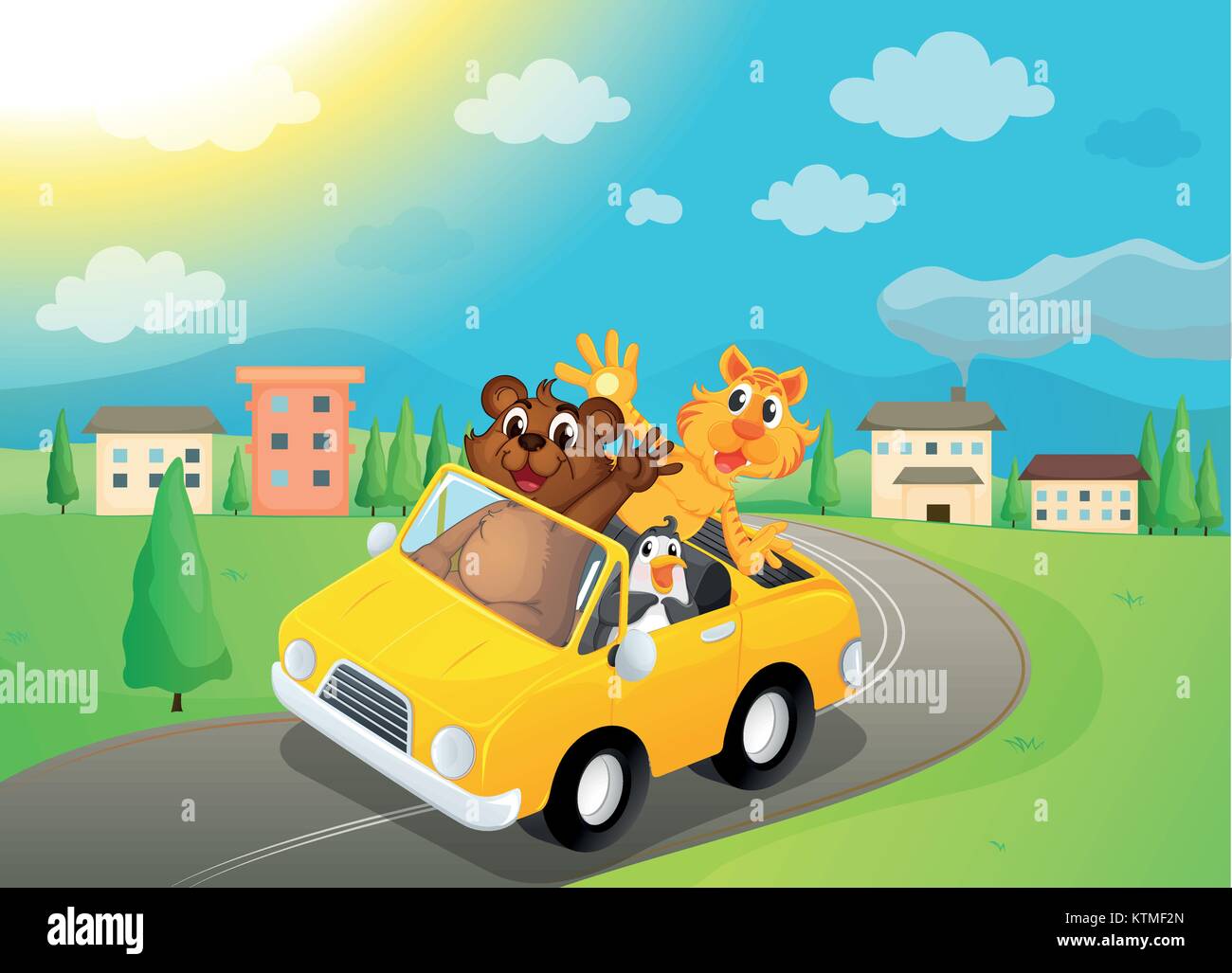 illustration of animals, car and road in a beautiful nature Stock ...