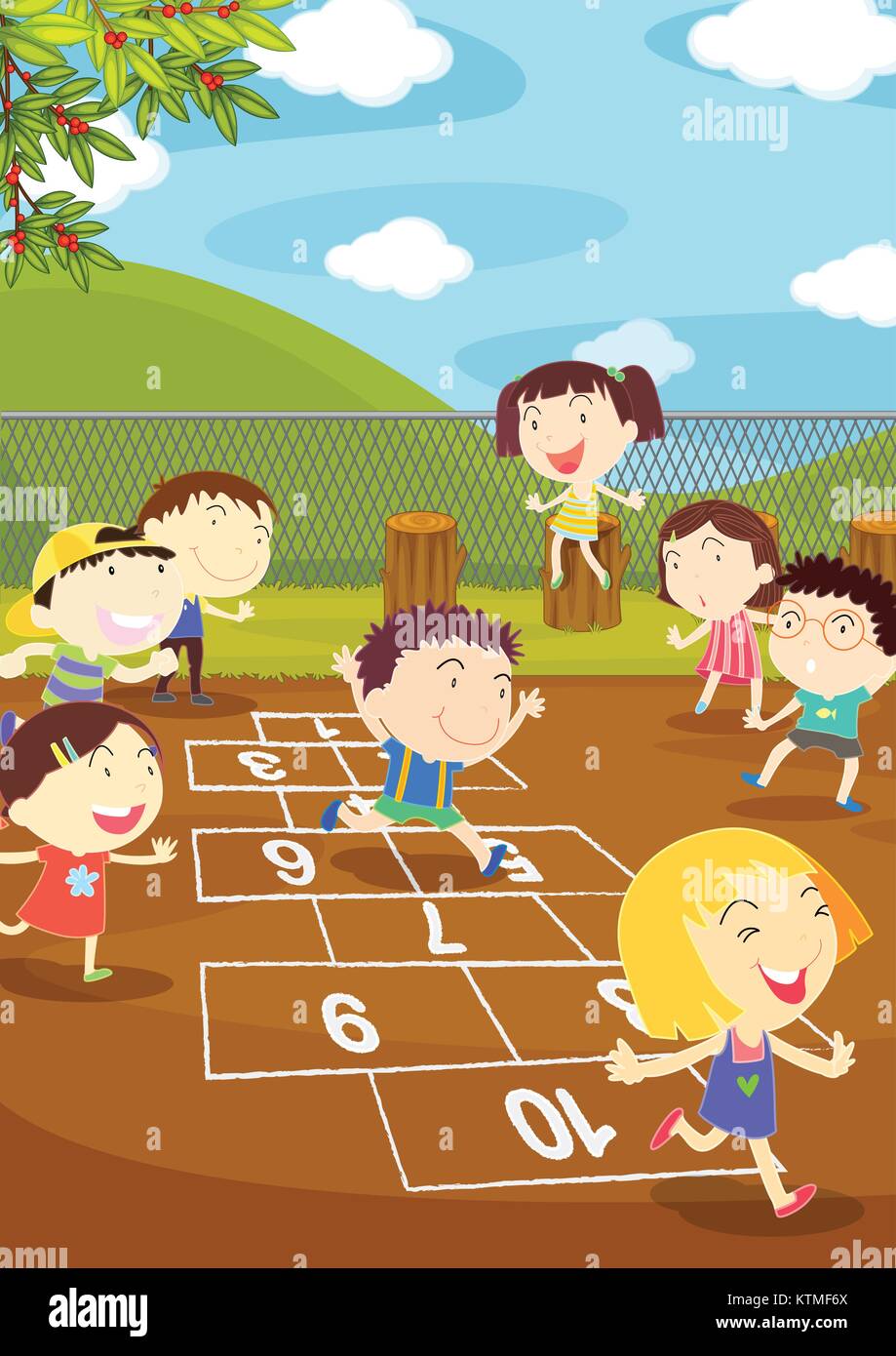 Illustration of kids playing hopscotch in a playground Stock Vector ...