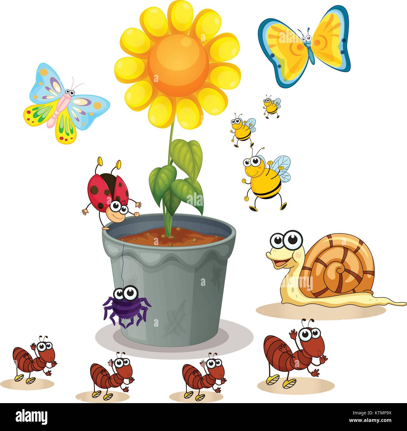 illustration of plant pot and various insects on white Stock Vector ...