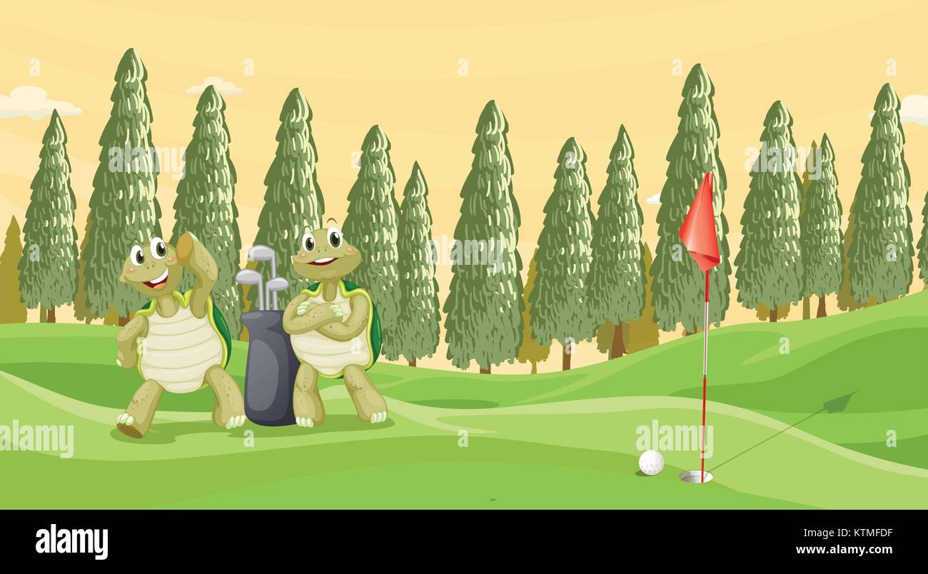 illustration of a tortoise playing golf in a beautiful nature Stock ...