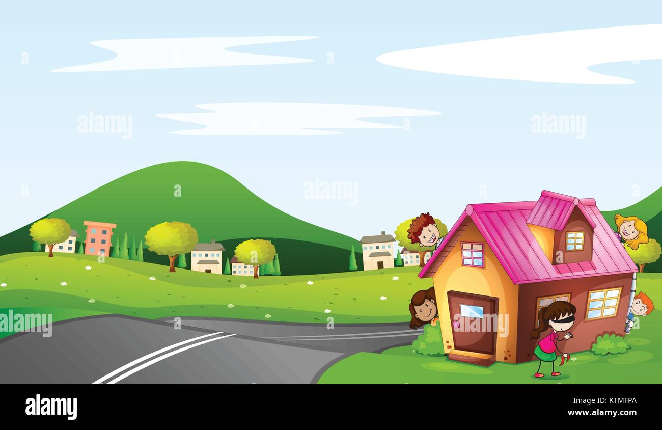 illustration of kids and a house in a beautiful nature Stock Vector ...