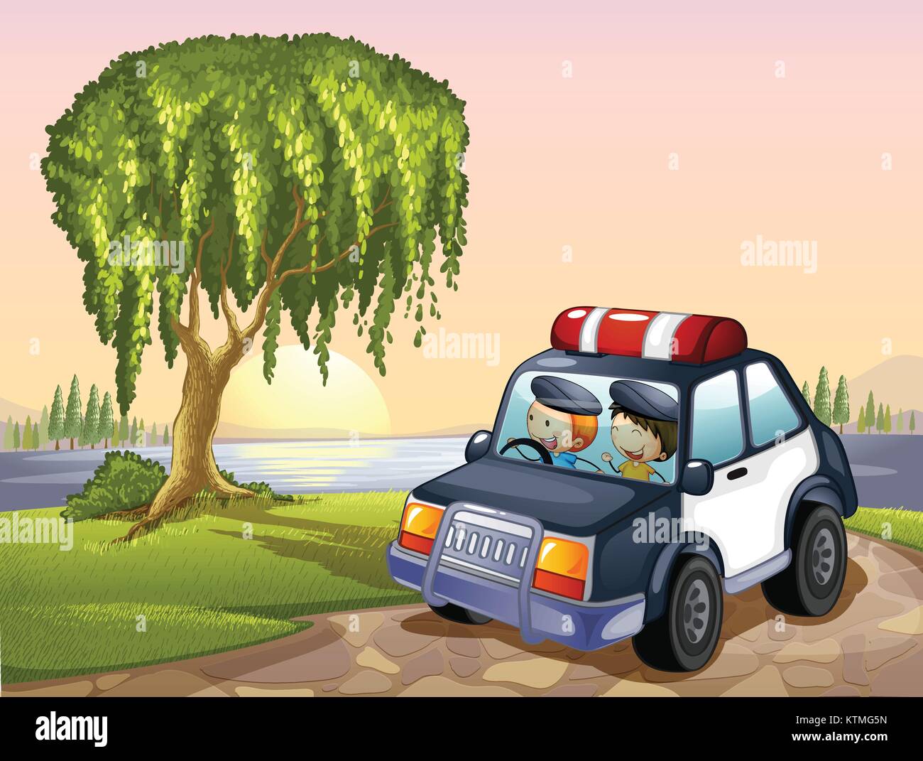 illustration of car and kids around tree in a nature Stock Vector Image ...