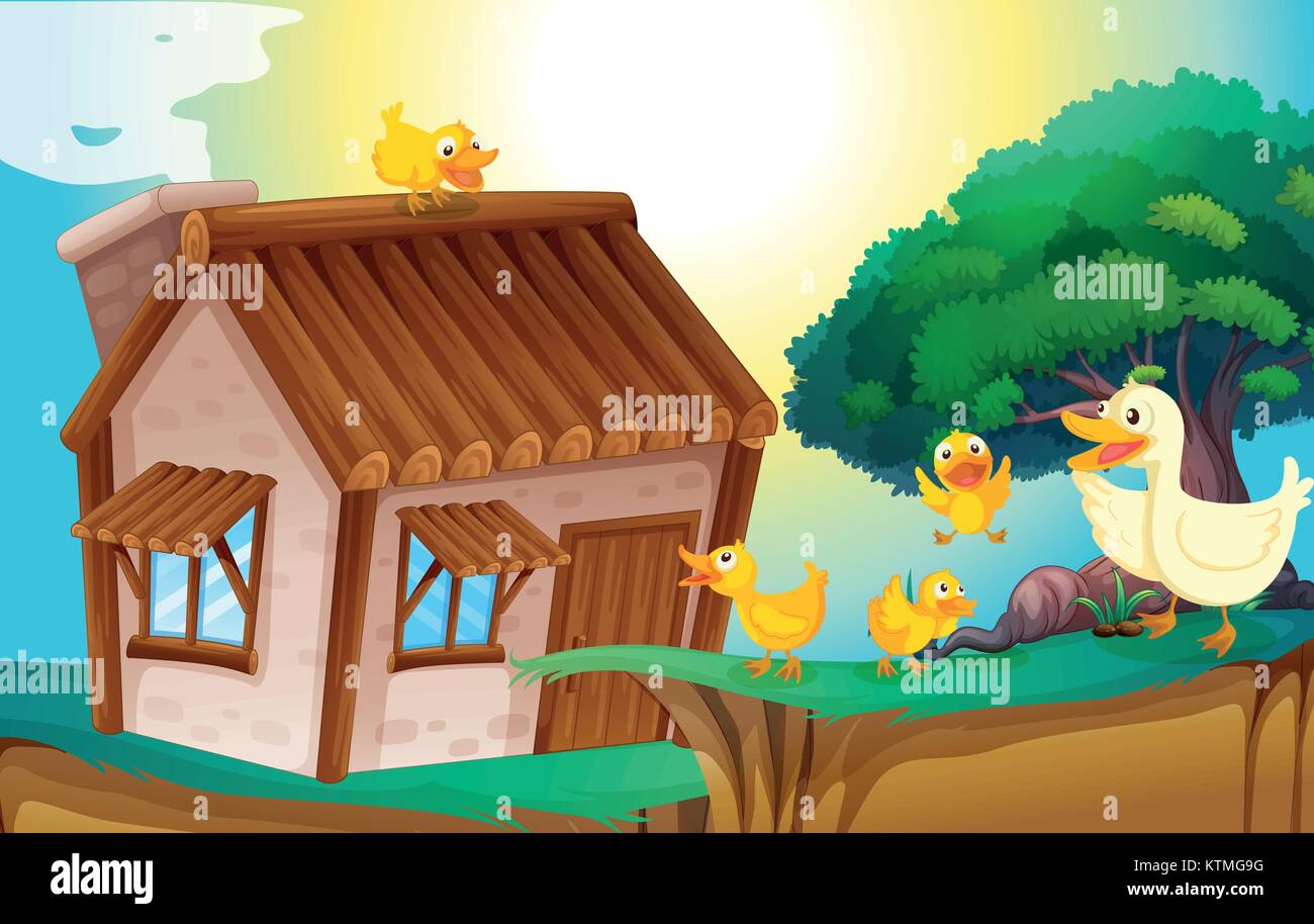 illustration of a wooden house and ducks in nature Stock Vector Image ...