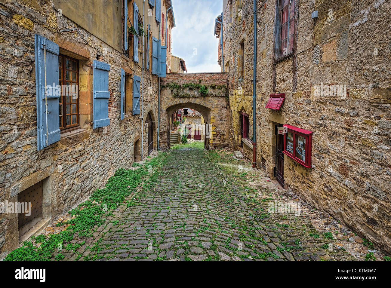 A grey cobblestone road with green grass growth between the stones in a ...