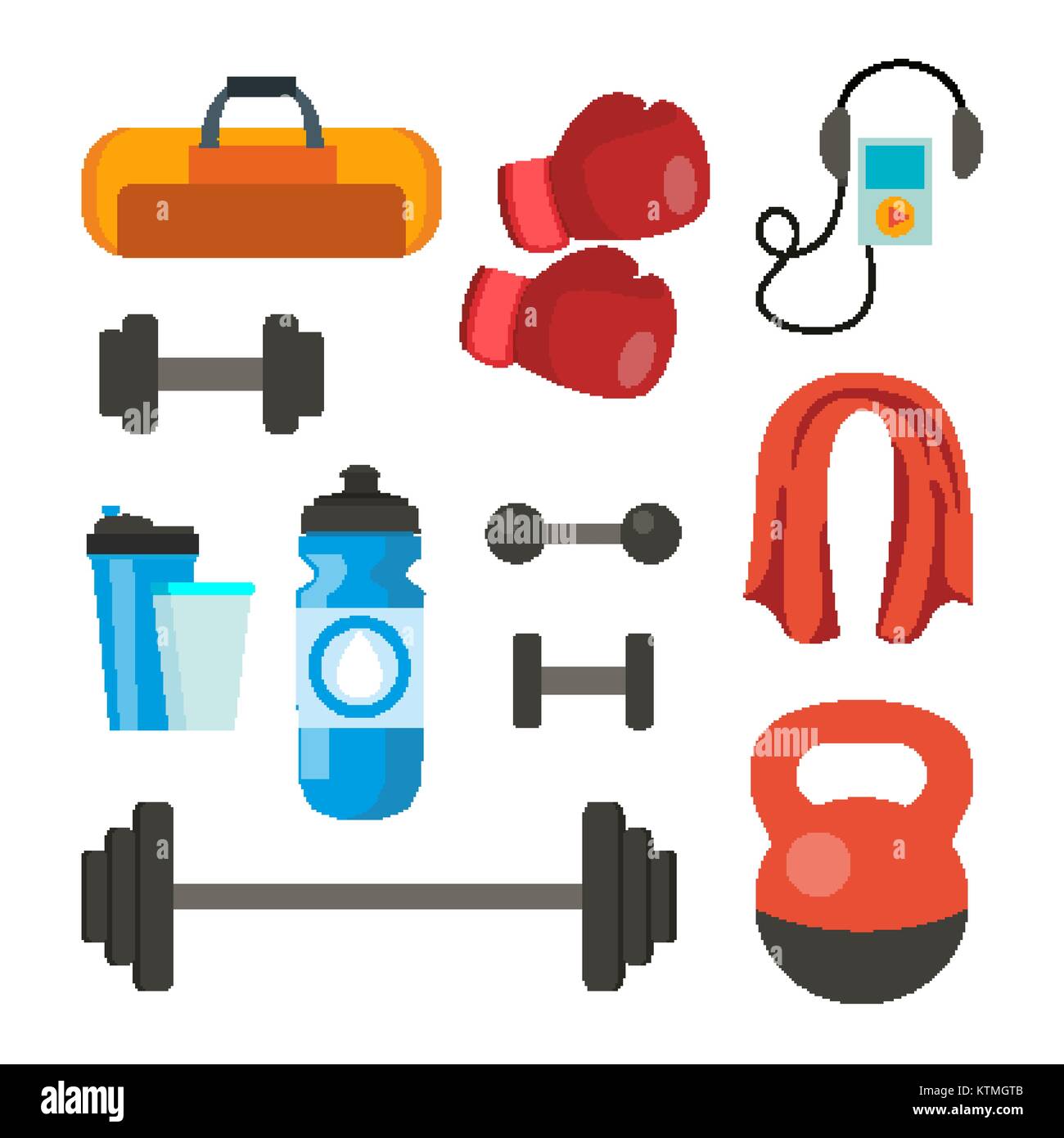 Fitness Icons Set Vector. Sport Tools Accessories. Bag, Towel, Weights ...