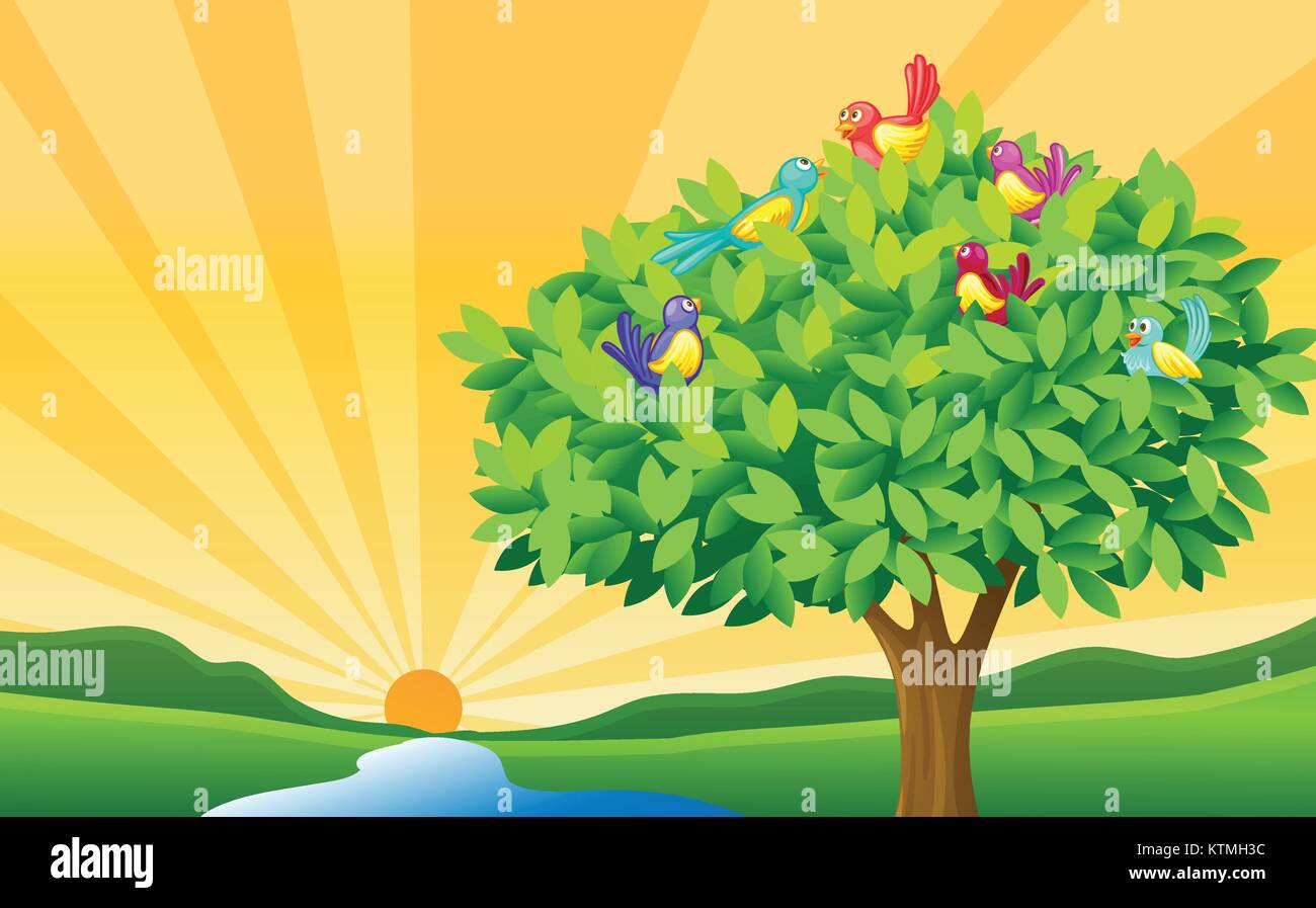 illustration of a river and a sun in a beautiful nature Stock Vector ...