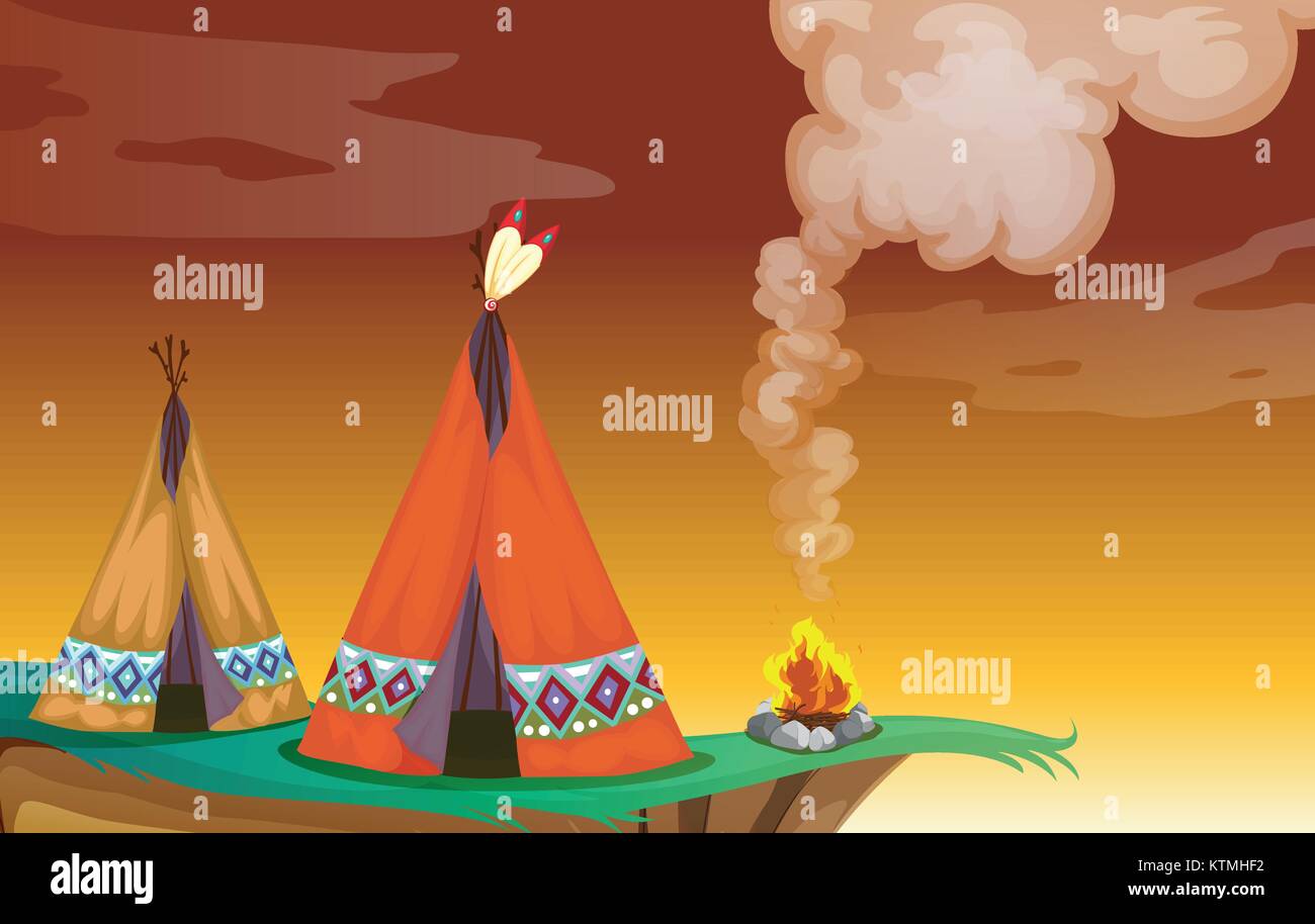 illustration of a tent house and a fire in nature Stock Vector Image ...