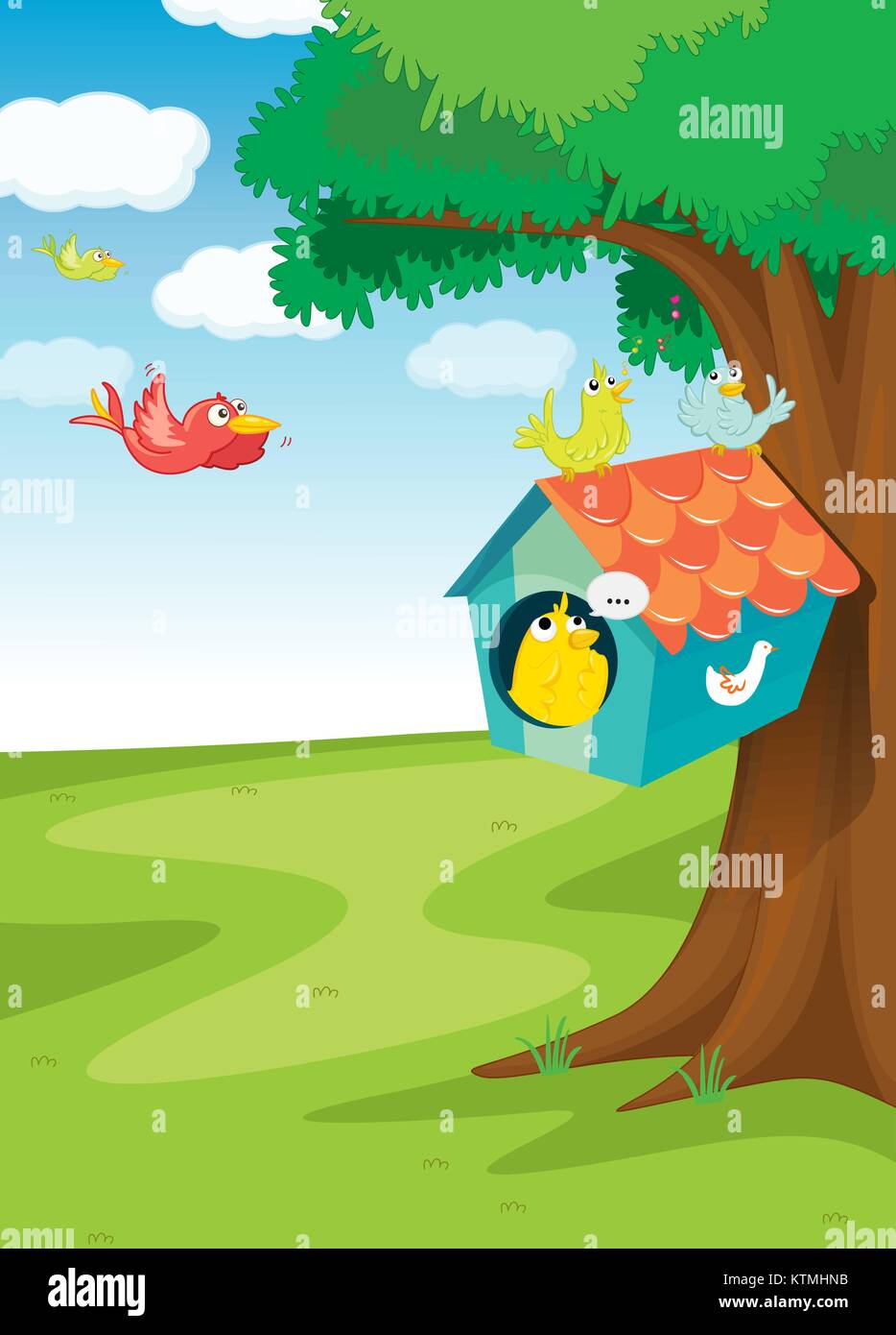 illustration of birds and bird house on tree Stock Vector Image & Art ...