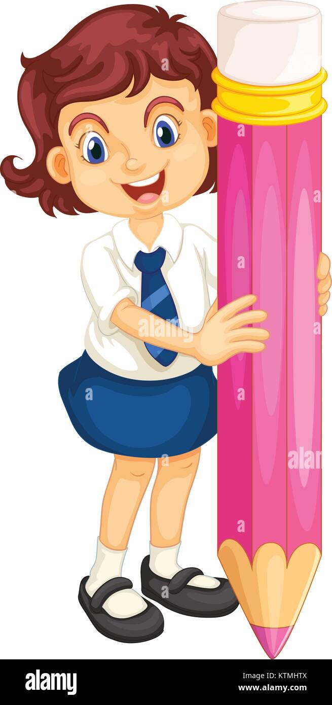 illustration of a girl with pencil on a white background Stock Vector ...