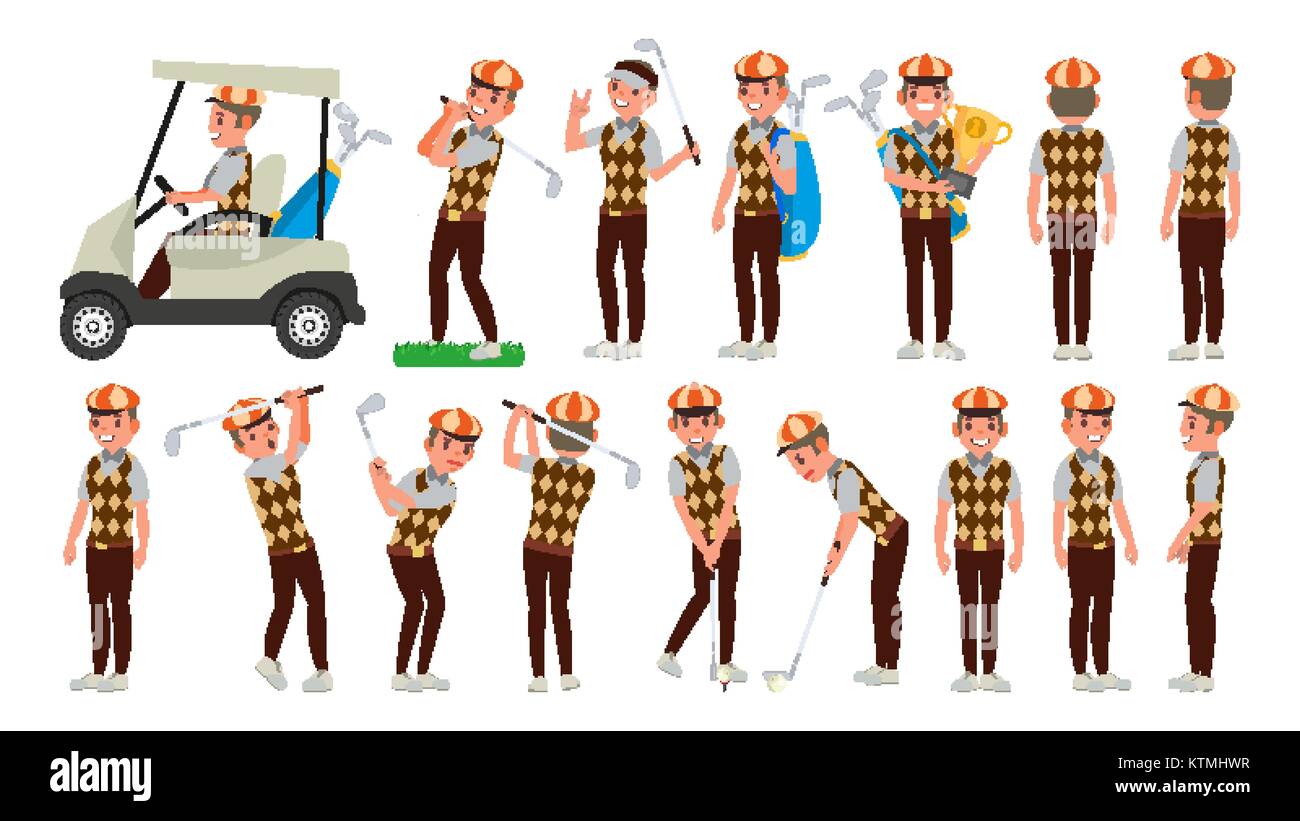 Classic Golf Player Vector. Swing Shot On Course. Diferent Poses. Flat ...