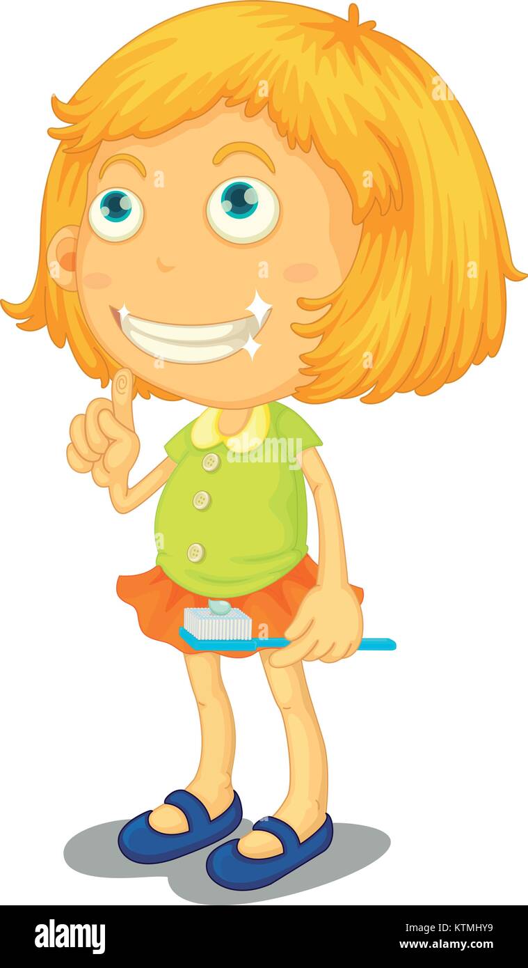 illustration of a girl brushing teeth on a white background Stock ...
