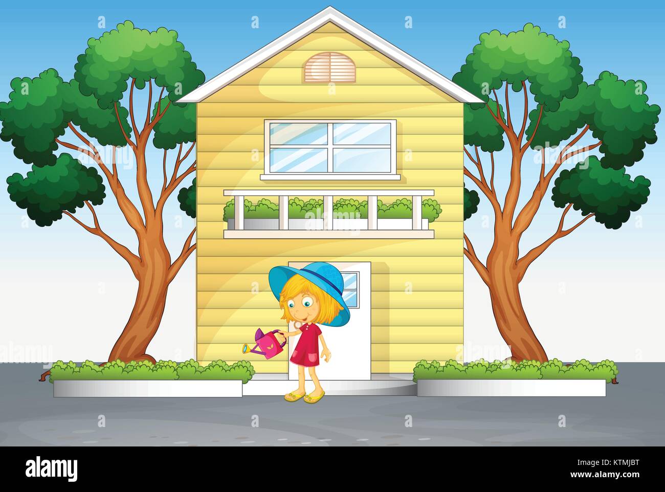 illustration of house and girl in beautiful nature Stock Vector Image ...