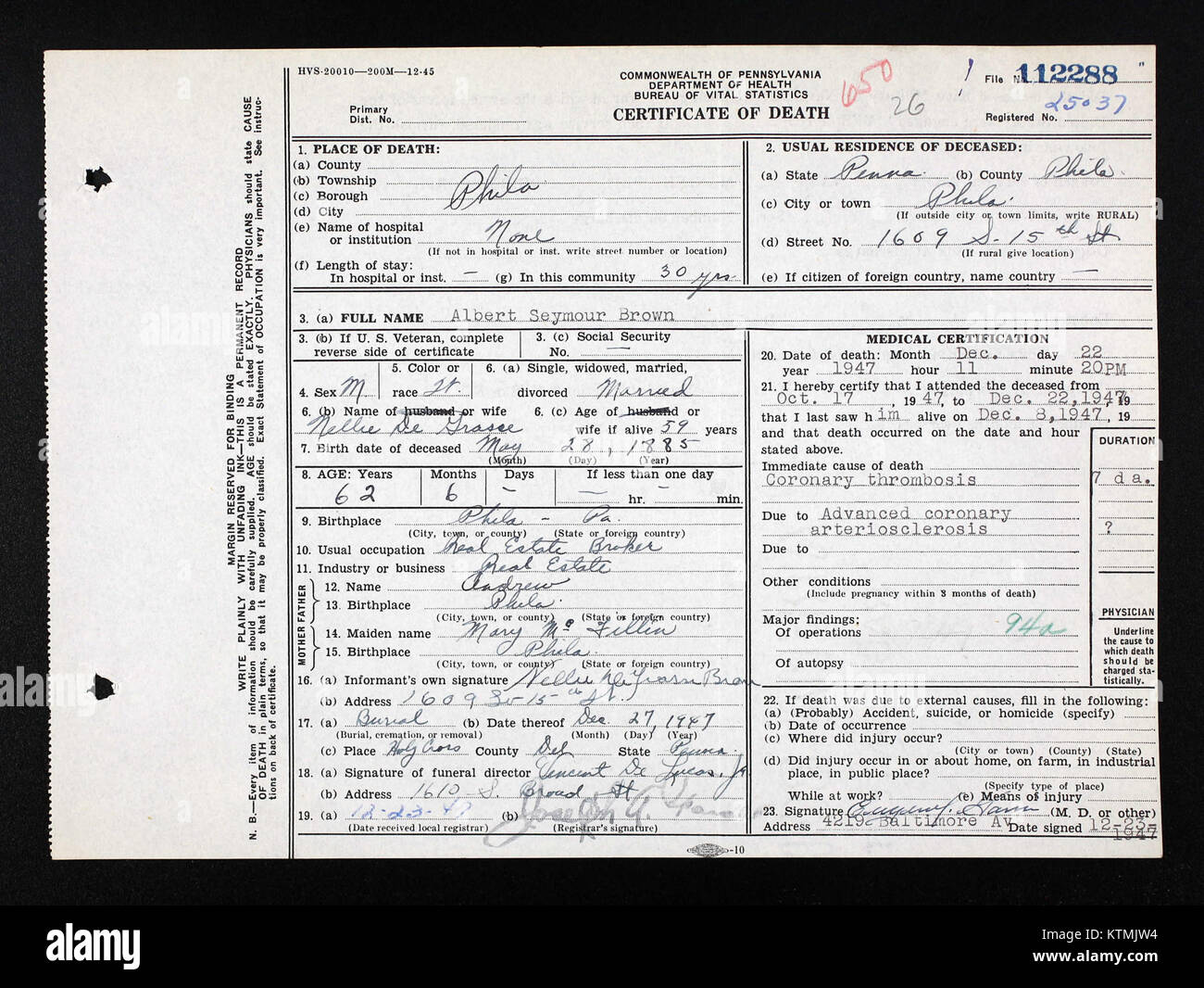 The death certificate of Albert Seymour Brown, dated 1947, documents ...