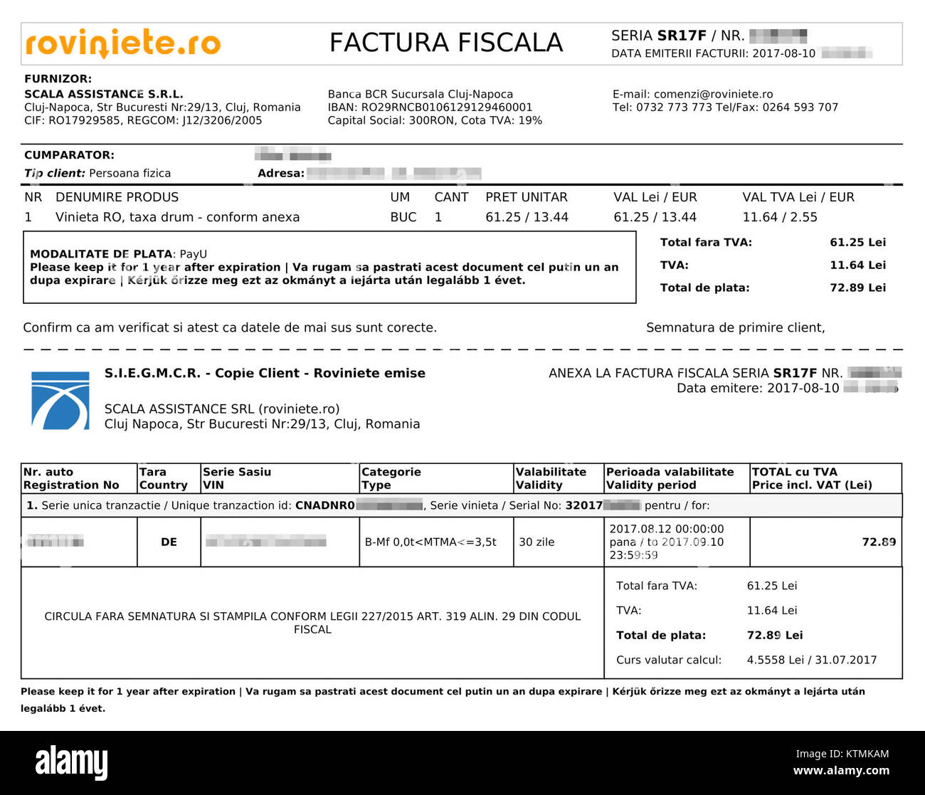 An electronic vignette from Romania, issued in 2017, is a toll payment ...