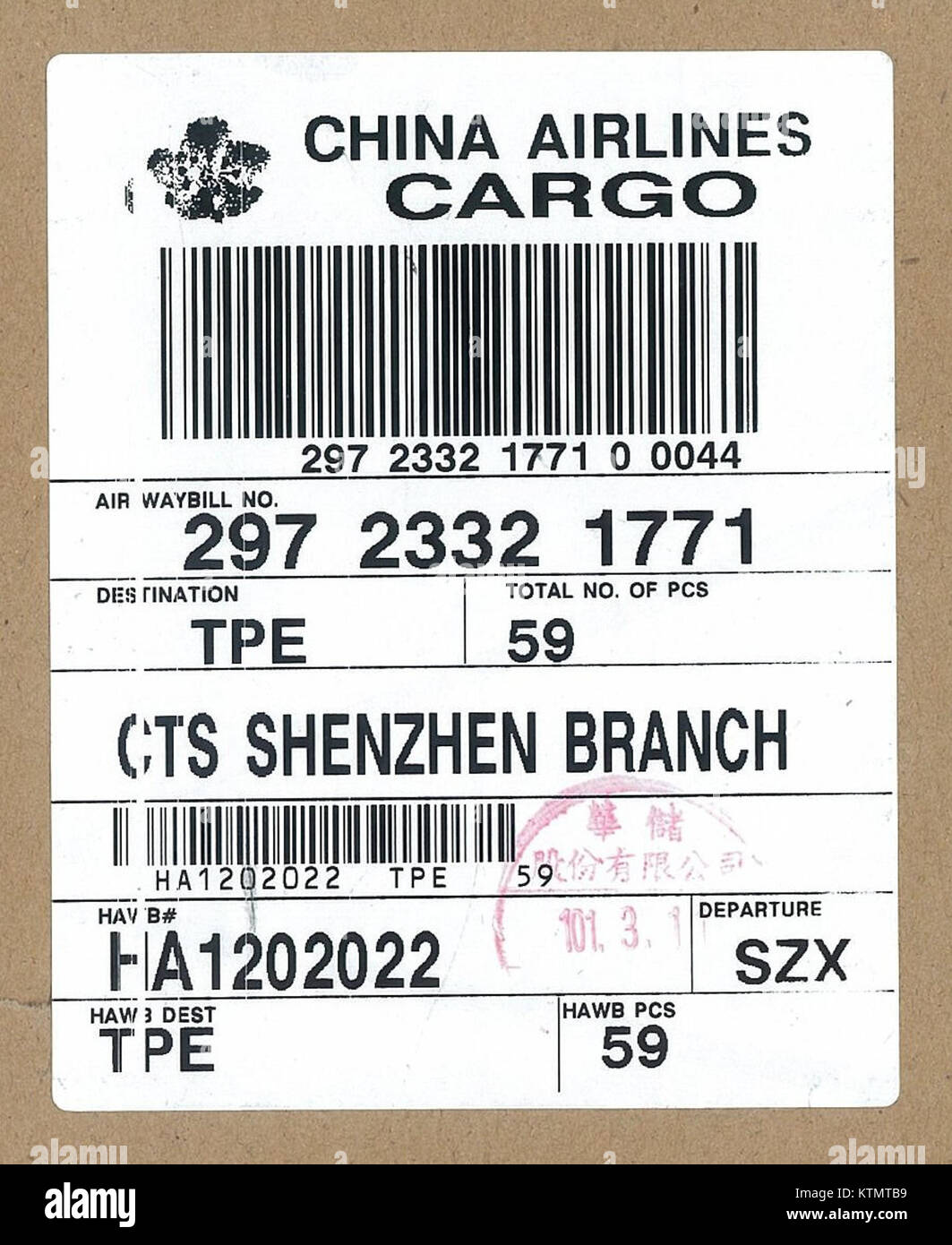 The image shows a China Airlines Cargo tag featuring a TACT stamp ...