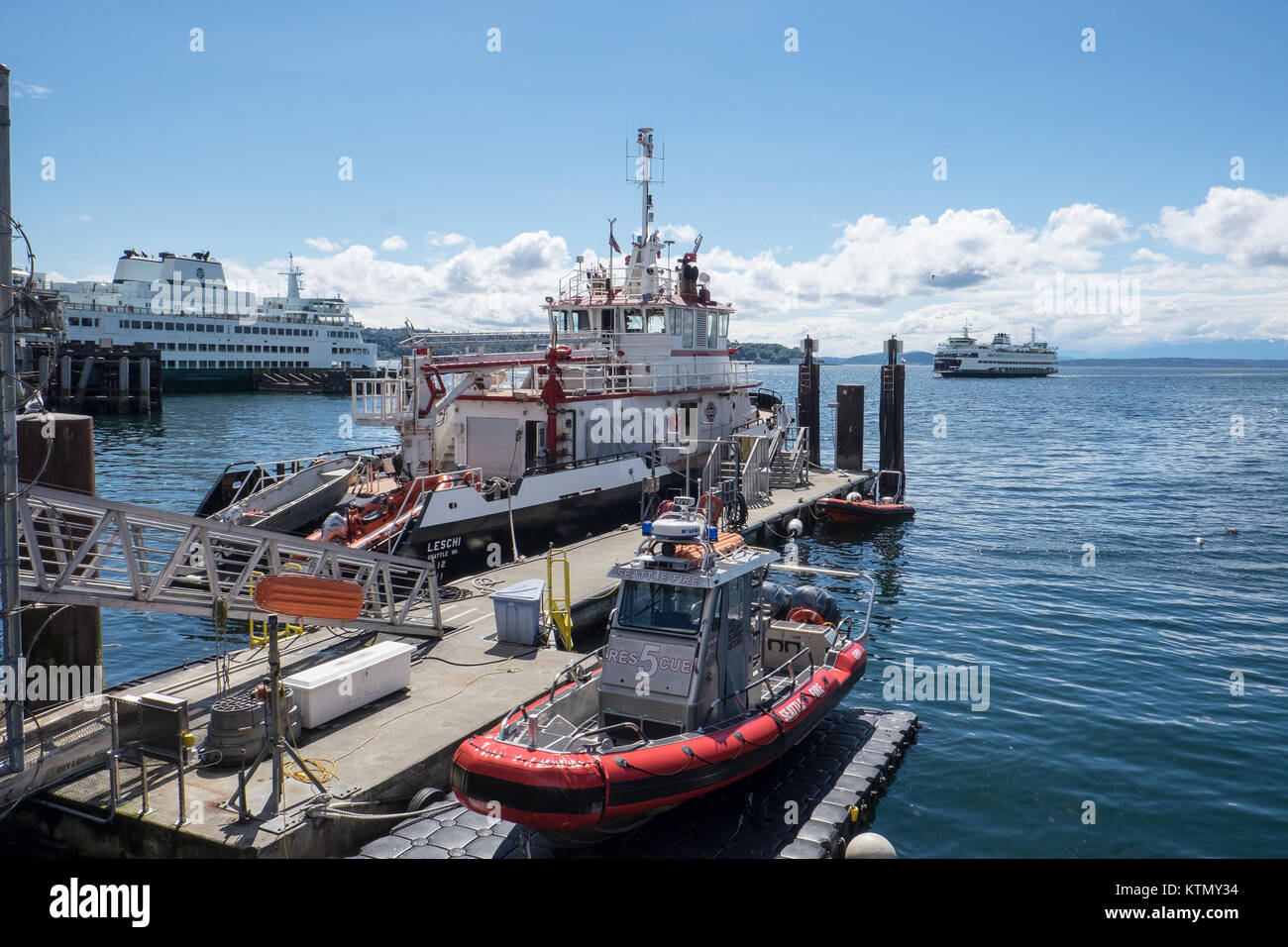Fire and rescue boats moored on the waterfront in Seattle, Washington ...