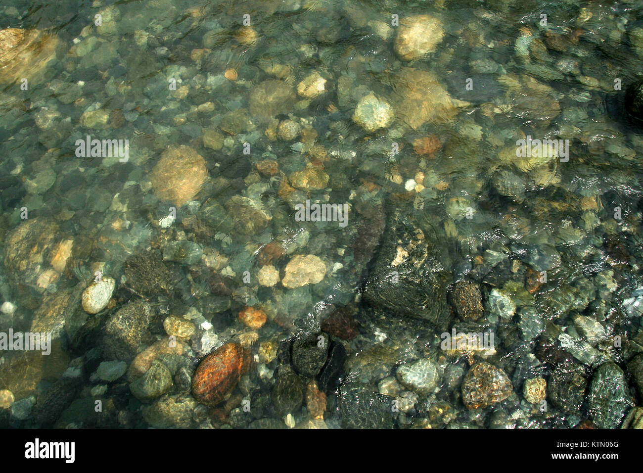 Pebbles of various shapes and sizes seen through transparent layer of ...