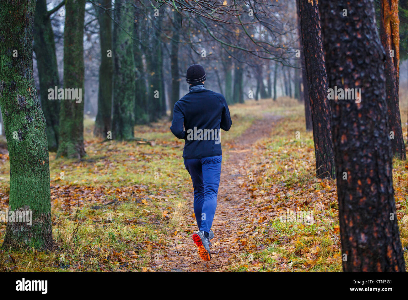 Young man jogging in fall park. Trail running in cold and misty weather ...