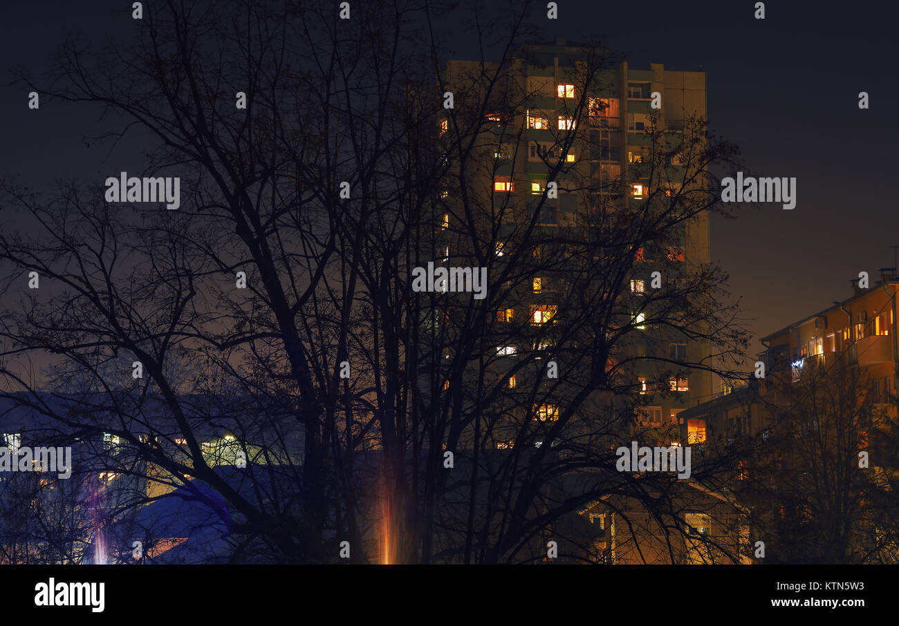 Scene from one small Balkan town by night, during early winter season ...