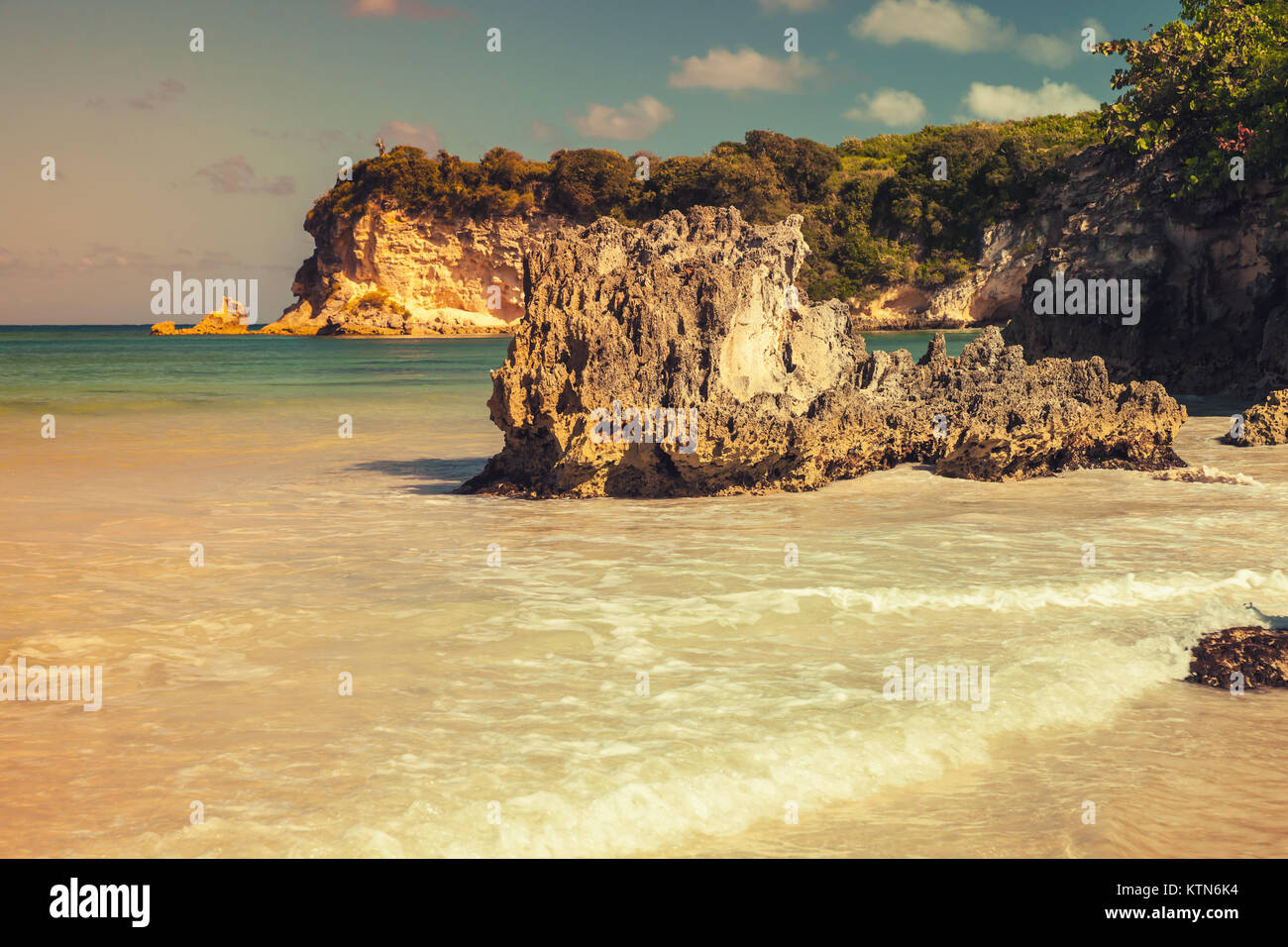 Rocks of Macao Beach, vintage toned coastal landscape of Dominican ...