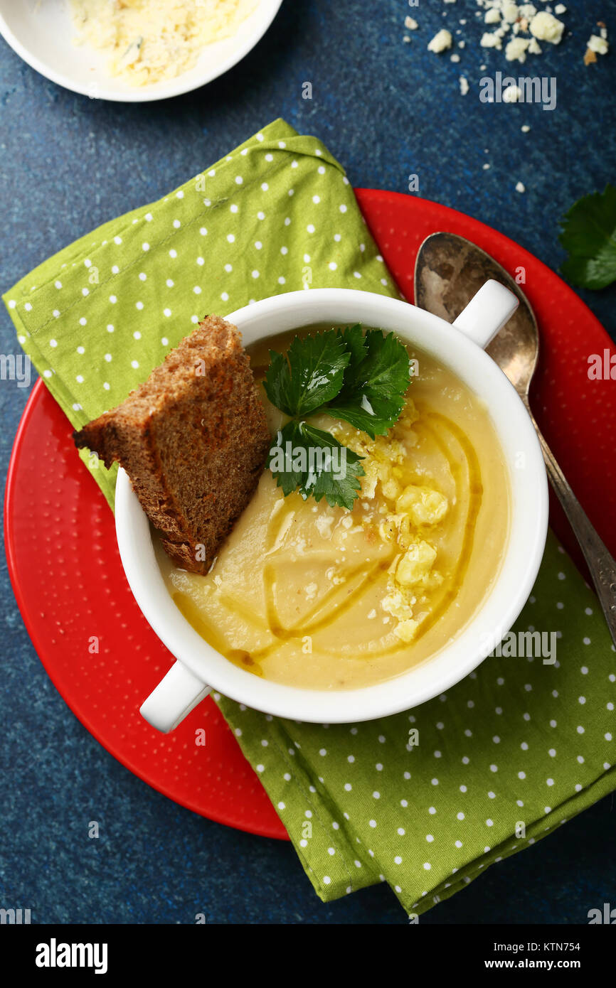 Celery cream soup above, food top view Stock Photo - Alamy