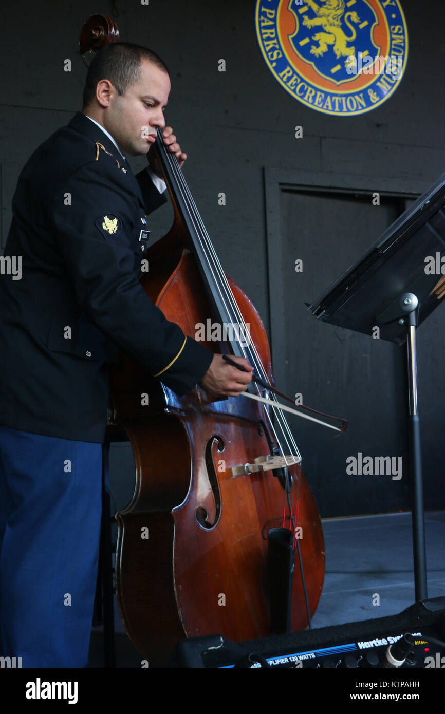 Spc. Eric Quiles of the 42nd Infantry Division Band plays bass during a ...